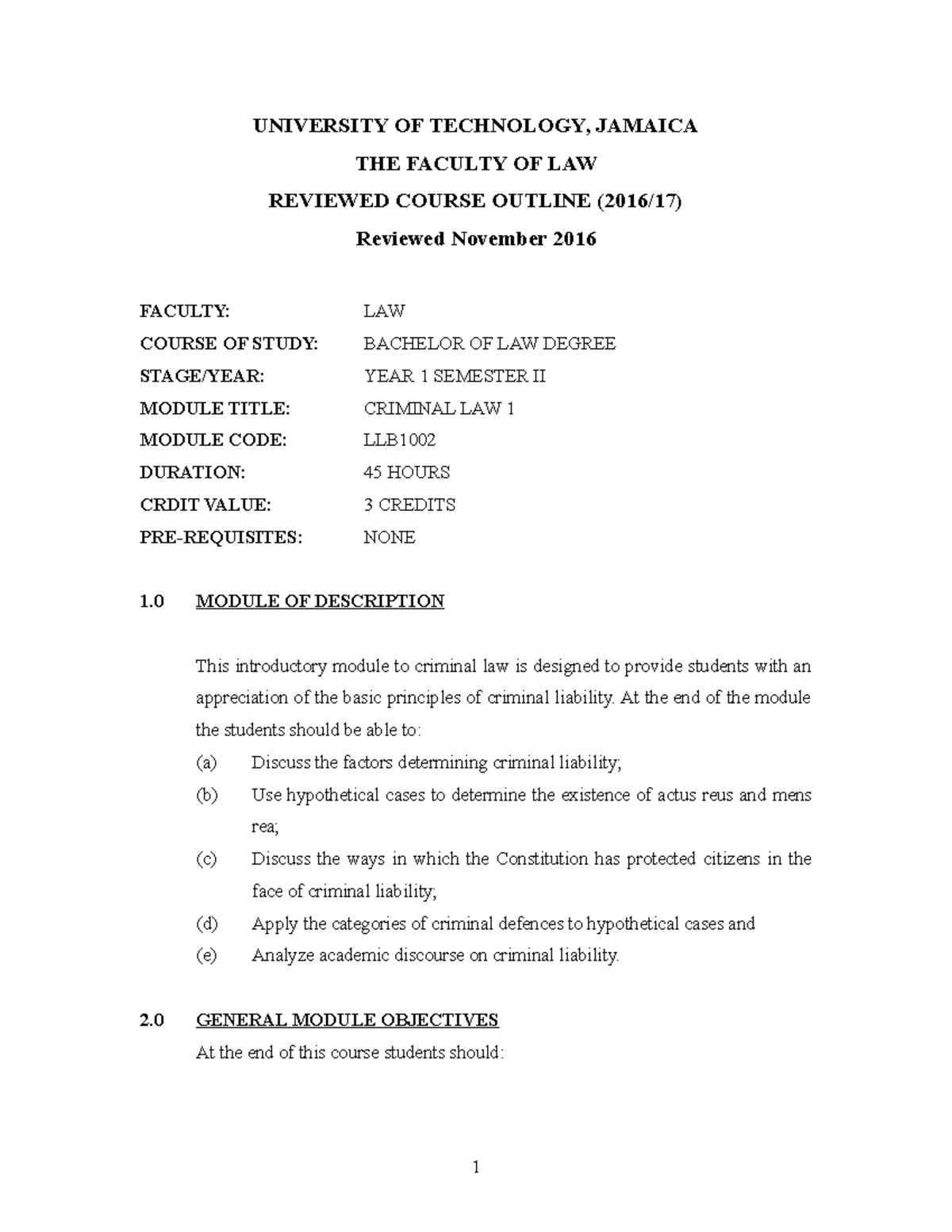 Course Outline - Criminal Law 1 - Syllabus Review Sept 2020 (1) (2) (1 ...