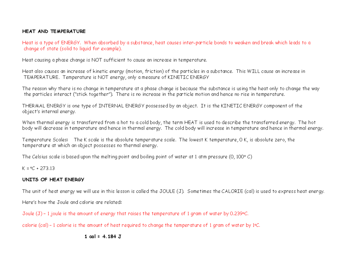 Thermal energy notes Draft 1 - HEAT AND TEMPERATURE Heat is a type of ...