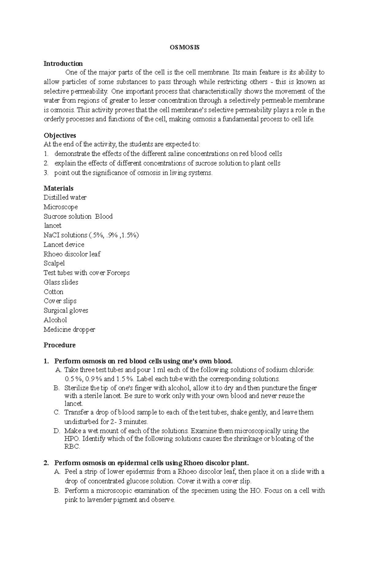 Osmosis - OSMOSIS Introduction One of the major parts of the cell is ...