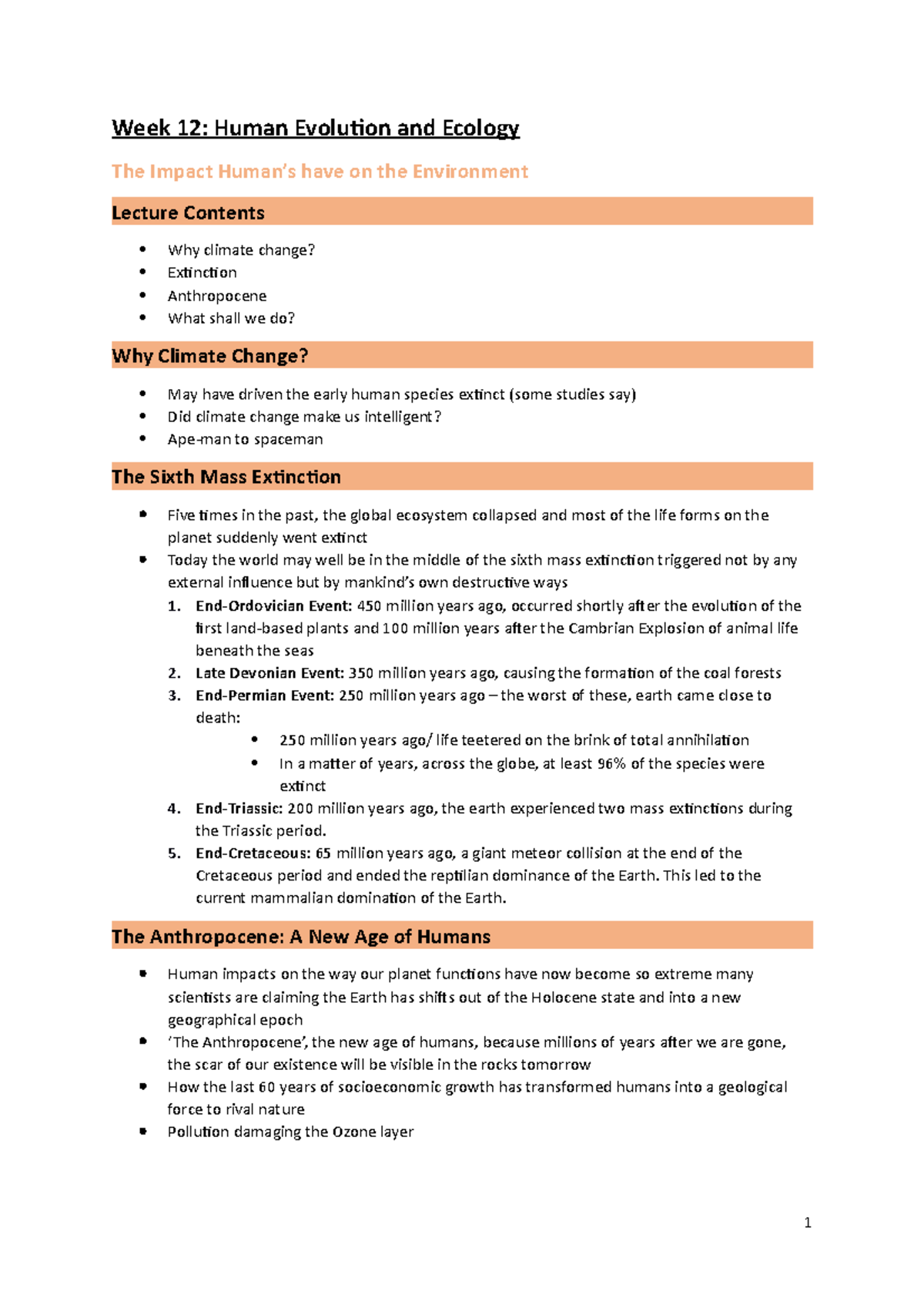 Human Evolution and Ecology Week 12 - Lecture notes 12 - Week 12: Human ...