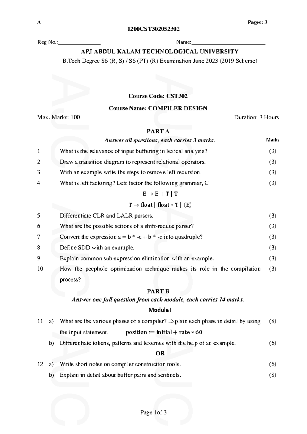 2023 June CST302-C - question paper - 1200CST Page 1 of 3 Course Code: CST Course Name: COMPILER ...