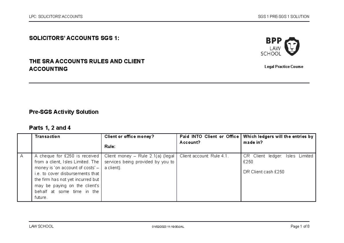 Solicitors Account (SA) SGS 1 Pre -SGS Solution 2022-23 - LPC: SOLICITORS’ ACCOUNTS SGS 1 PRE ...
