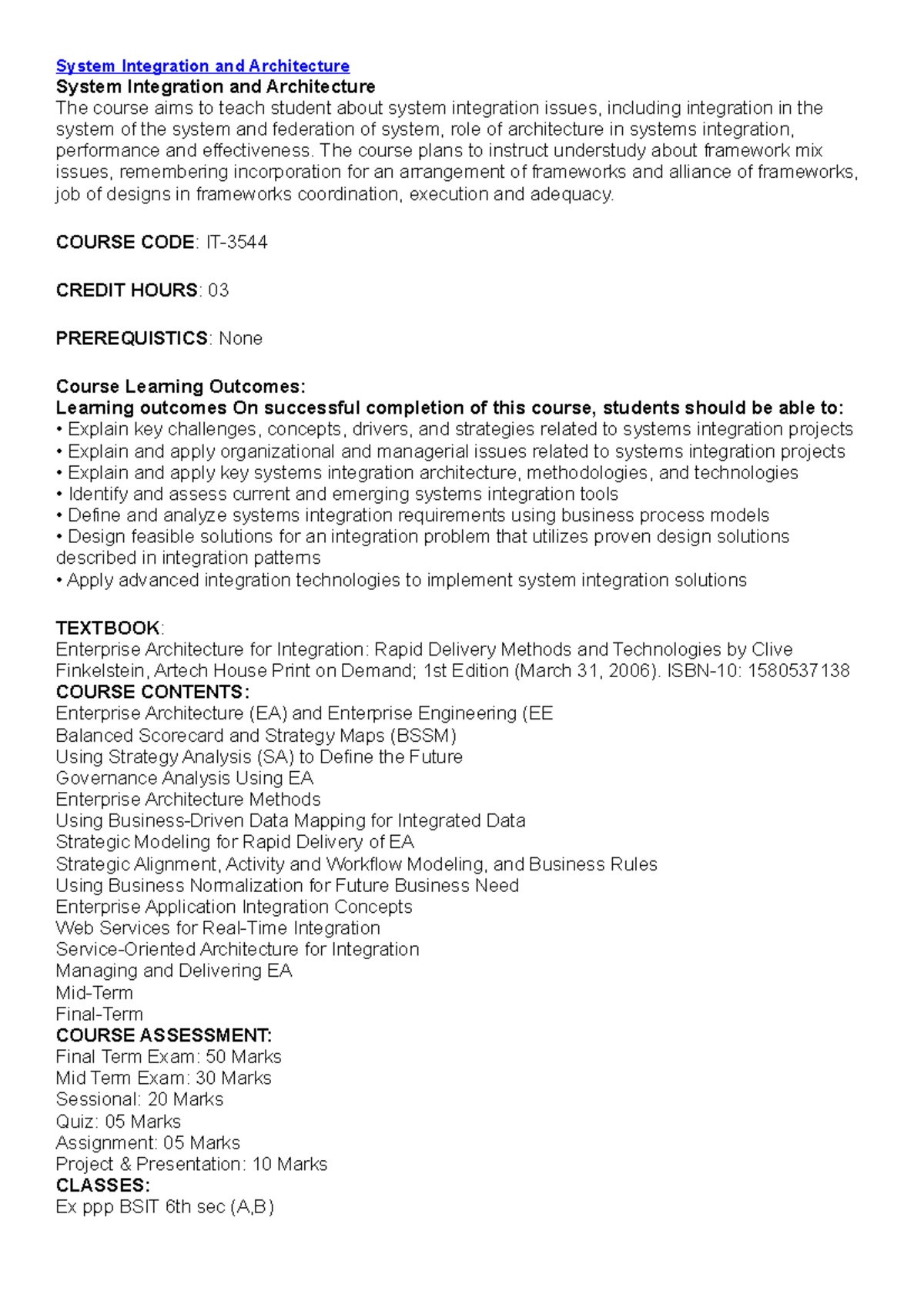 System Integration And Architecture Syllabus System Integration And