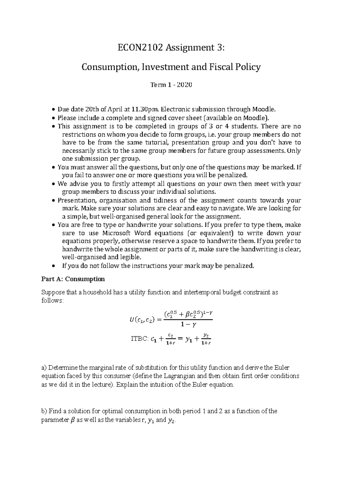 ECON2102 Assignment 3 2020T1 - ECON2102 Assignment 3: Consumption ...
