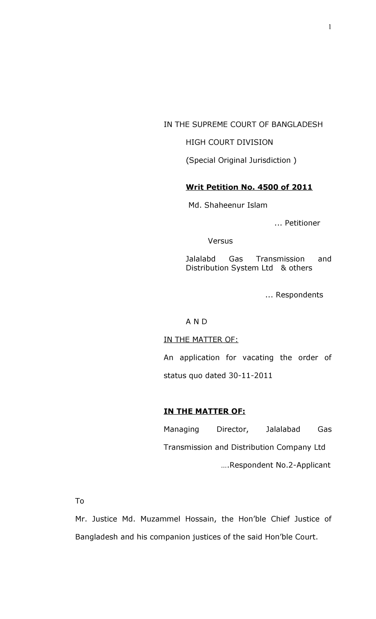 Statusquo order vacating- Jalalabad Gas - IN THE SUPREME COURT OF ...