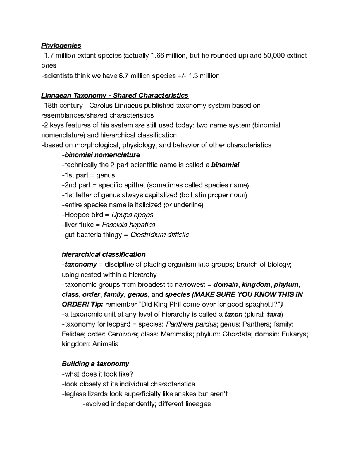 Prof Wilson Lecture Exam 2 Compilation - Phylogenies -1 million extant ...