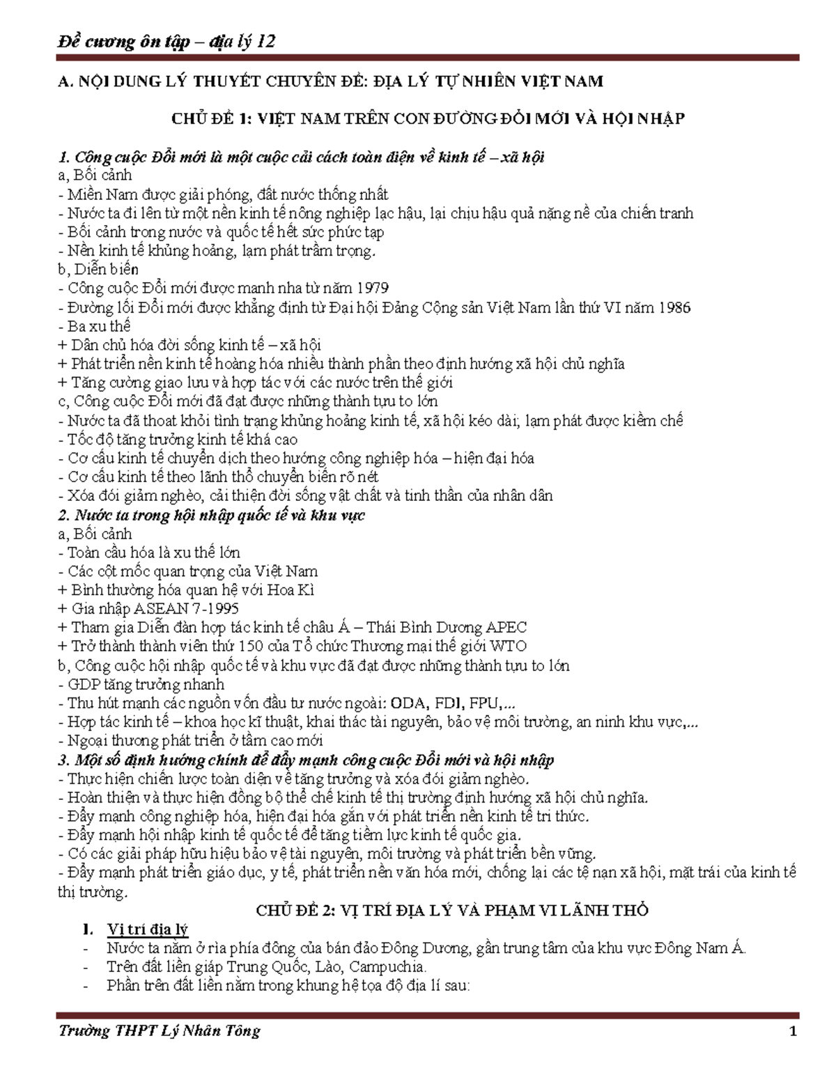 Mon Dia li Khoi 12 - ẻgehrtjrj - Trường THPT Lý Nhân Tông 1 A. NÞI DUNG ...