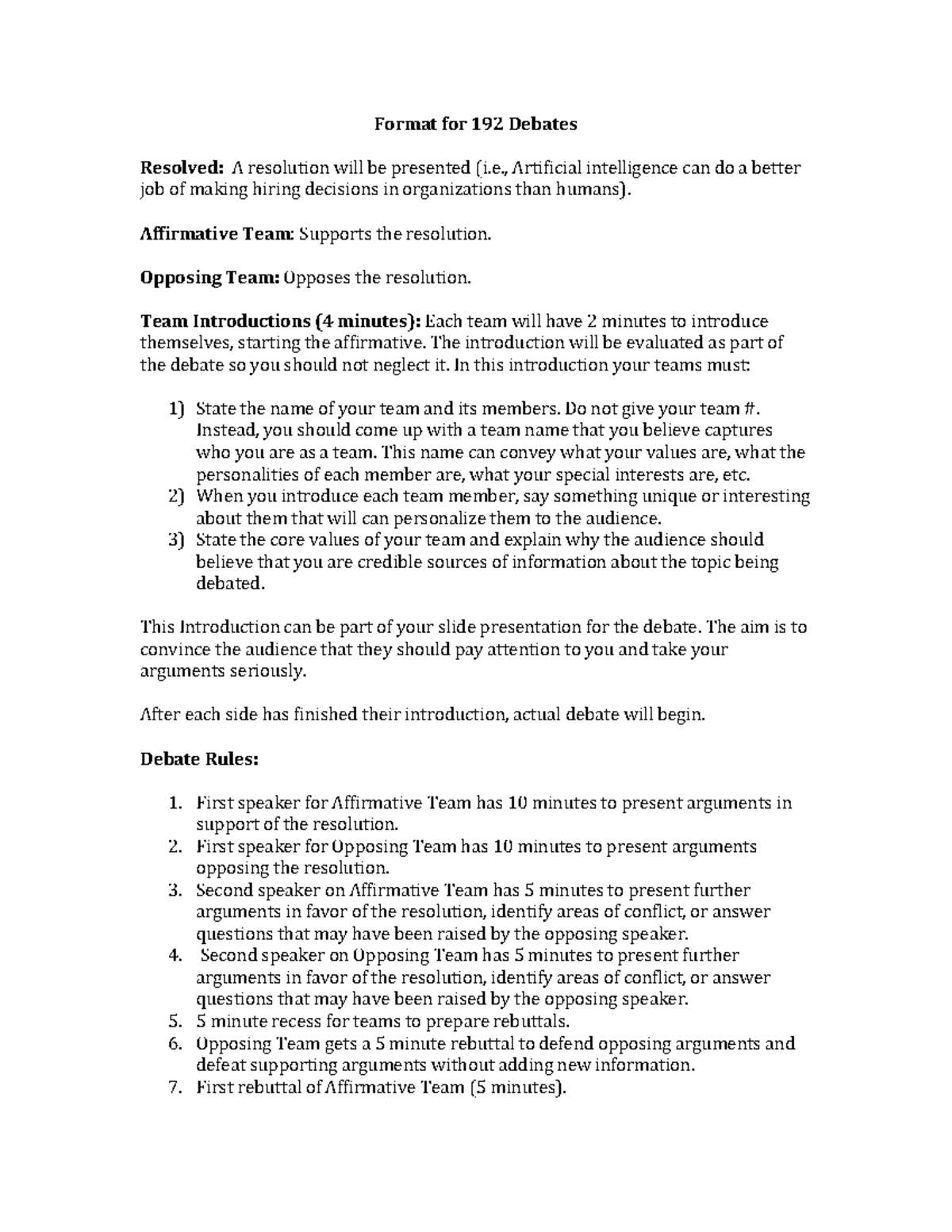 Format for 192 Debates - Format for 192 Debates Resolved: A resolution ...
