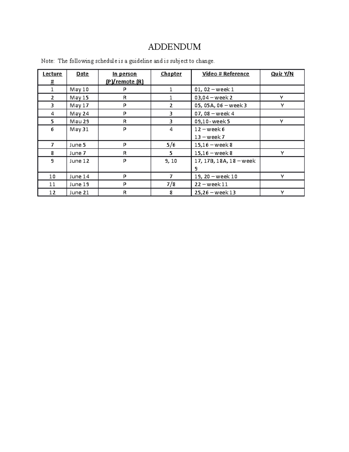 Addendum summer 2023 - ADDENDUM Note: The following schedule is a ...