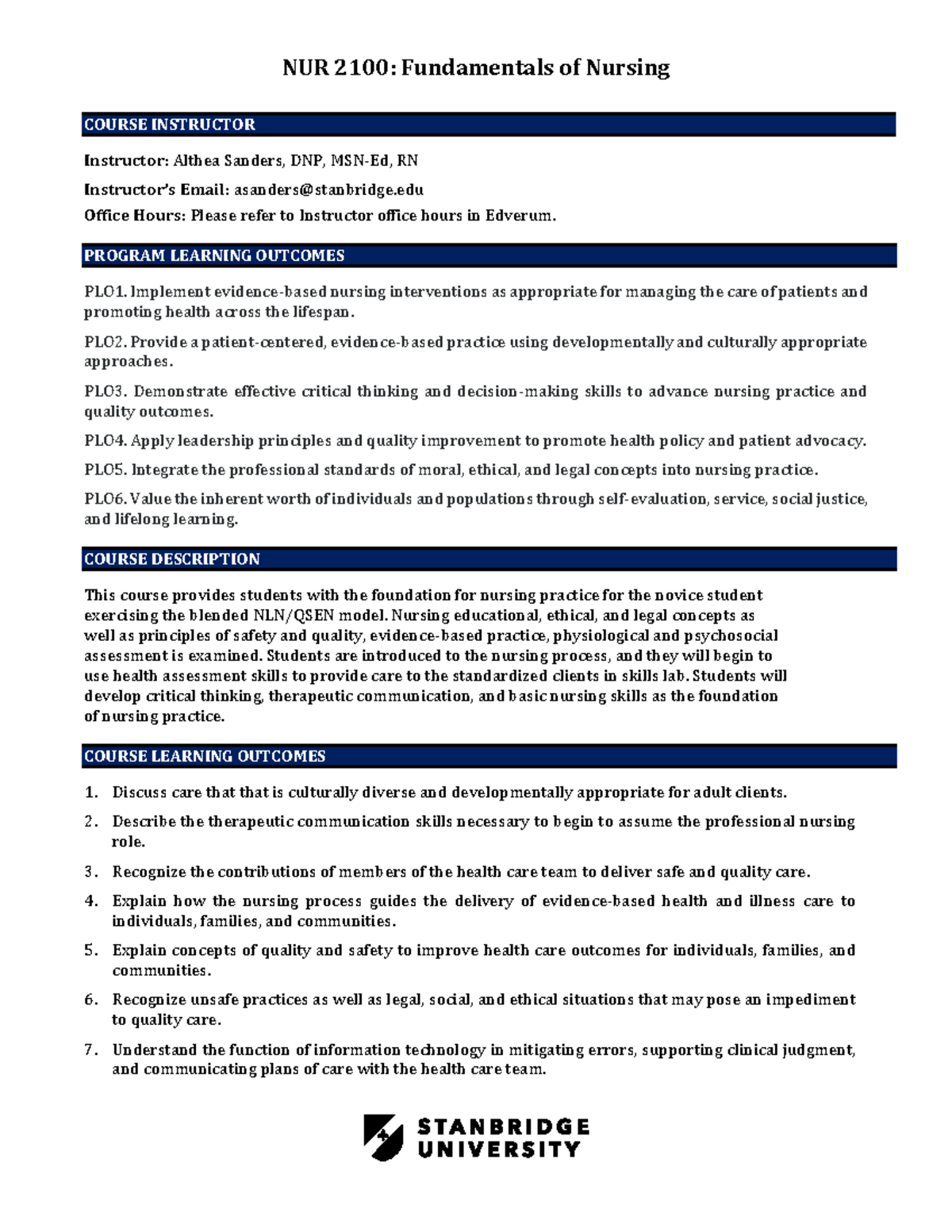 Fundamentals of Nursing Syllabus Bsnla 010 - .. COURSE INSTRUCTOR ...