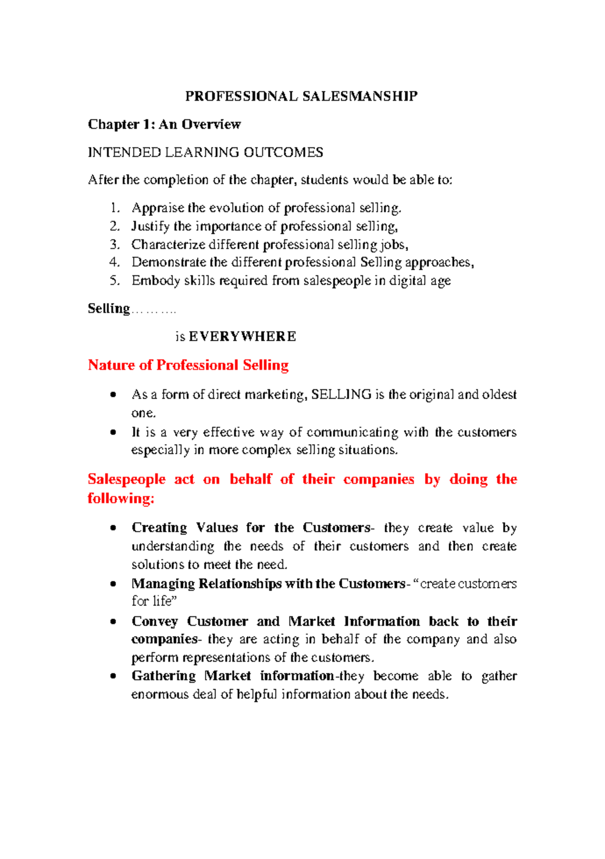 Notes 1 Professional Salesmanship - PROFESSIONAL SALESMANSHIP Chapter 1 ...