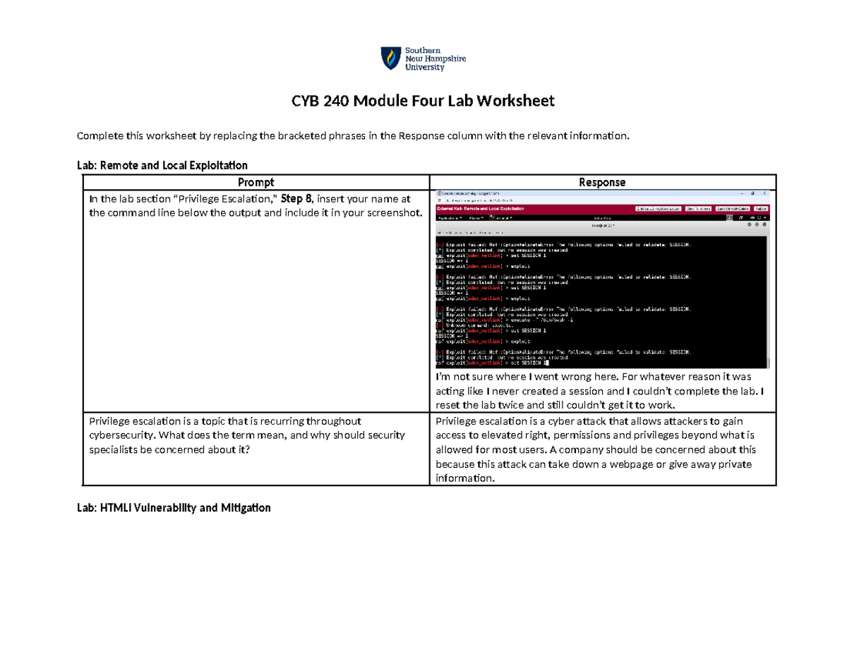 CYB 240 Module Four Lab Worksheet complete - Lab: Remote and Local Exploitation Prompt Response ...