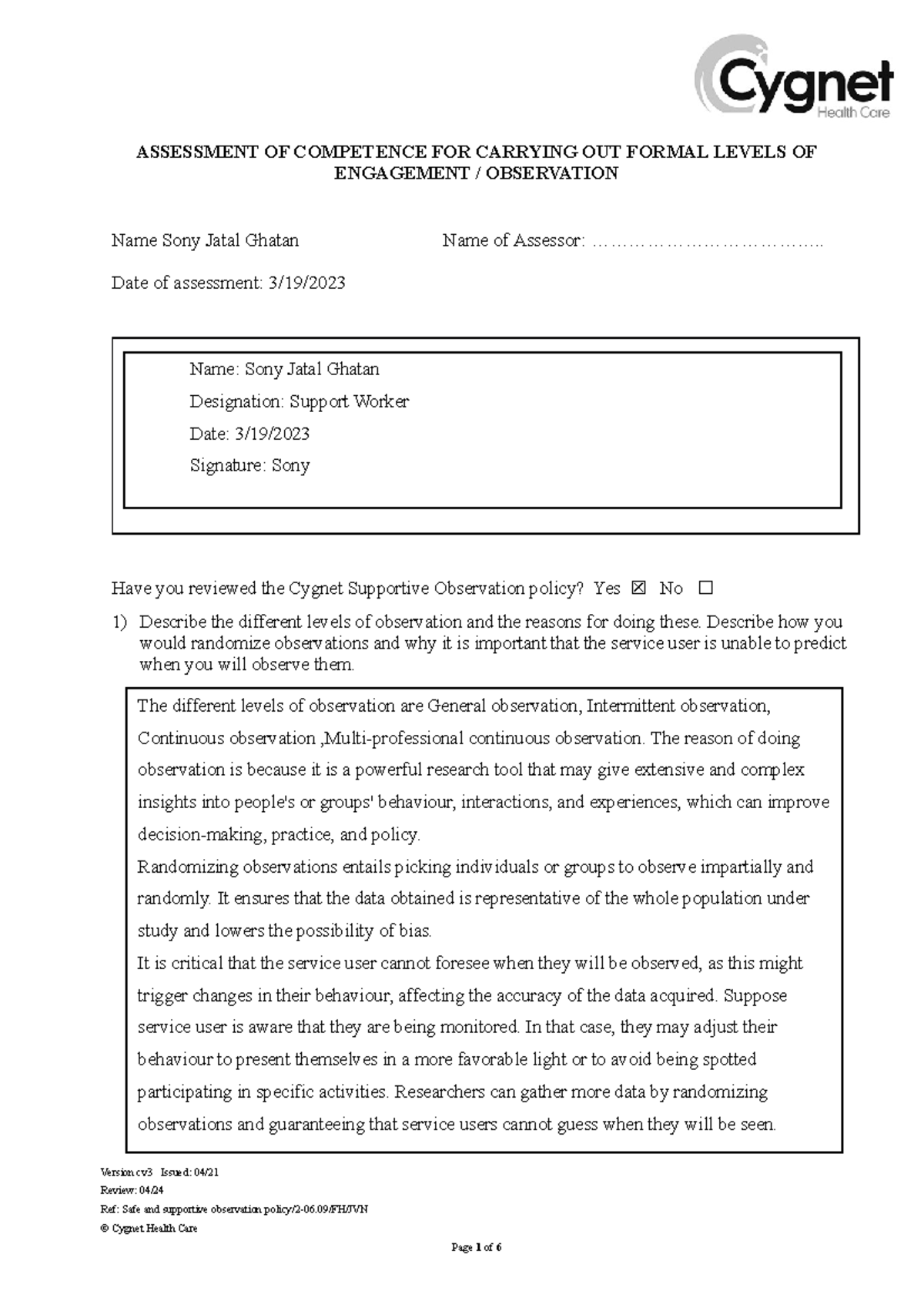 2-06.09 Observation Competency Record cv3 - ASSESSMENT OF COMPETENCE ...