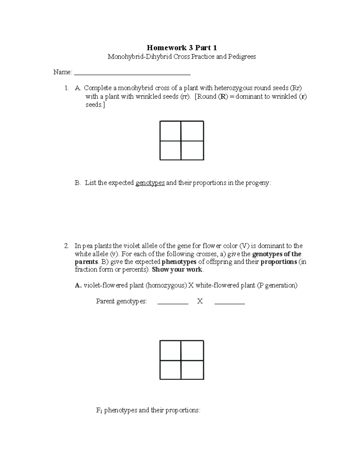 Homework 3 Part 1 - HW 3 - Homework 3 Part 1 Monohybrid-Dihybrid Cross Practice and Pedigrees ...