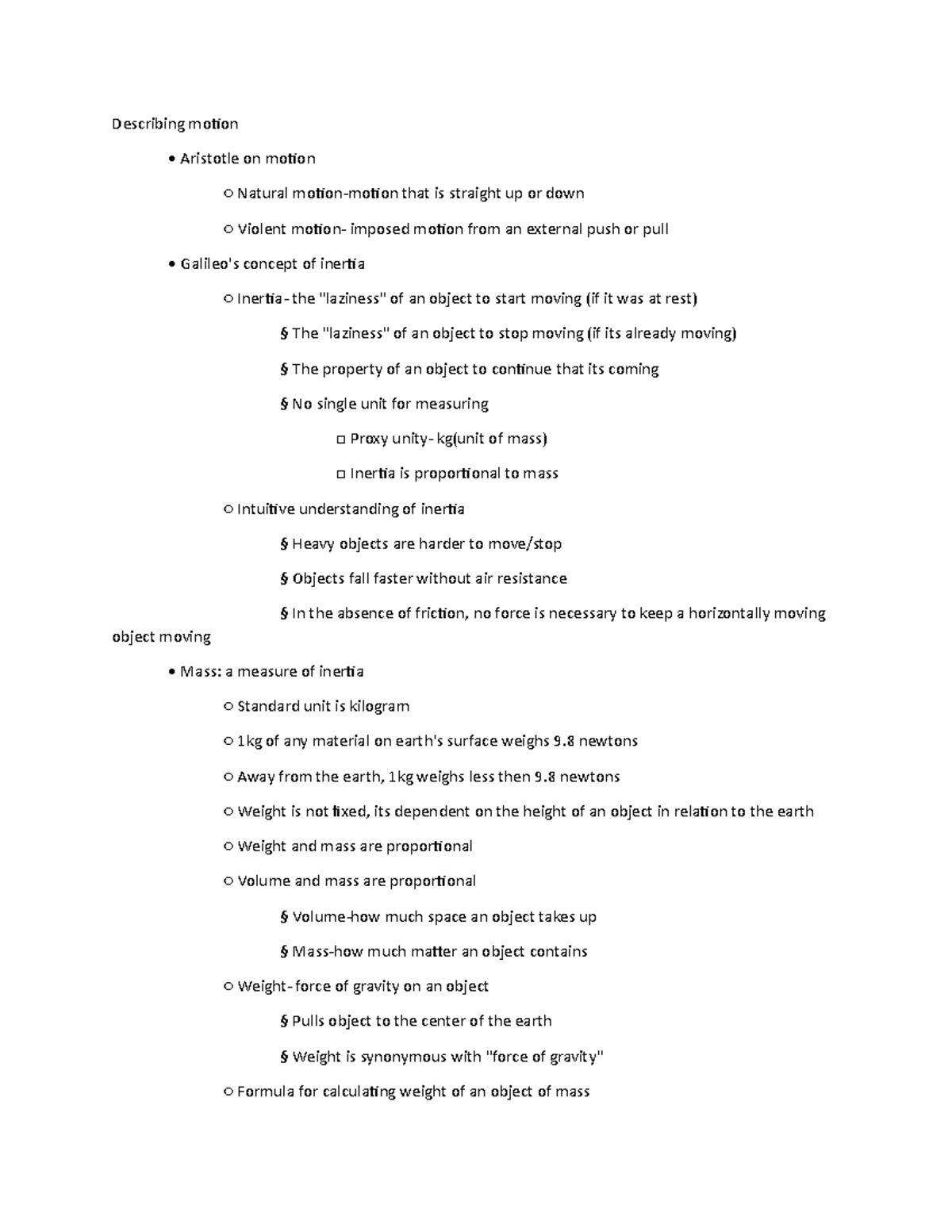Chapter 2 Notes - Describing motion - Aristotle on motion Natural ...