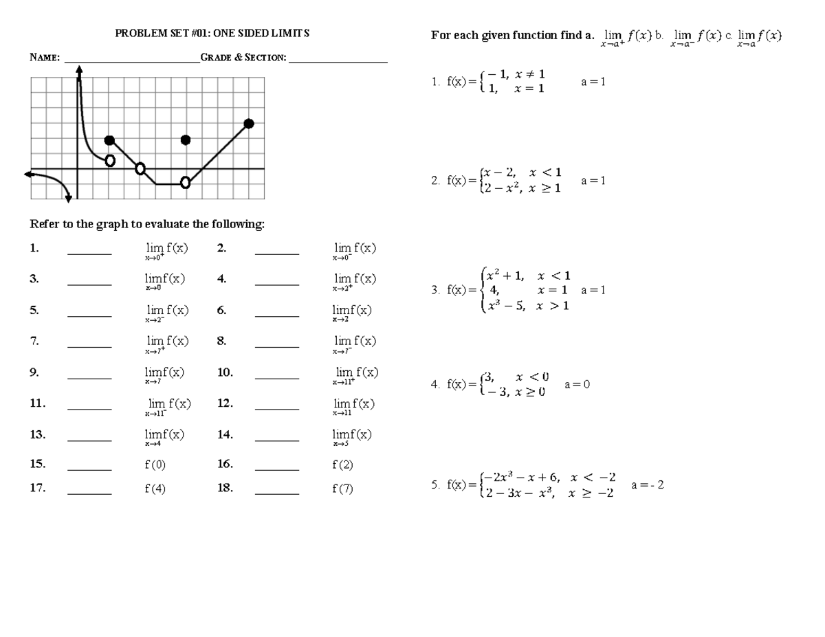 Pre-calculus quiz - PROBLEM SET #01: ONE SIDED LIMITS NAME ...
