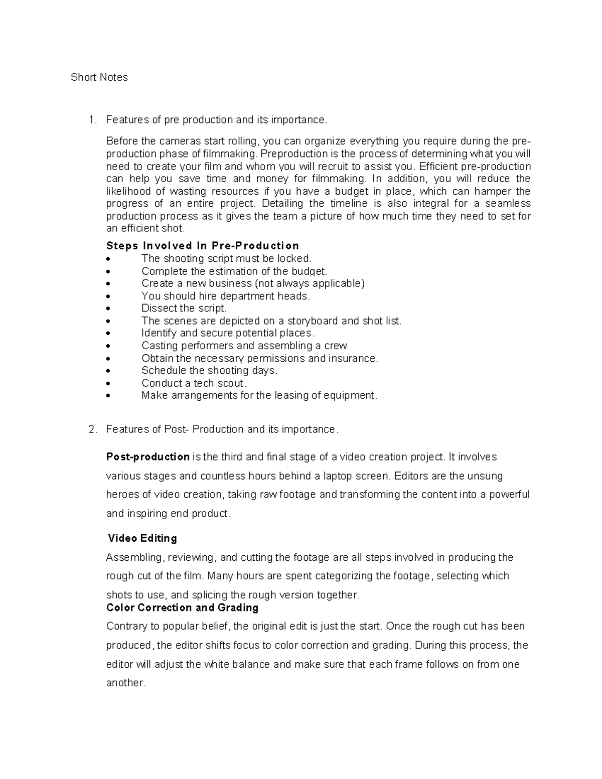 Documentary and advertising short notes - Short Notes Features of pre ...