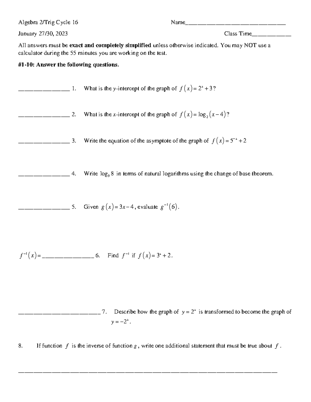 Alg 2 Cycle 16 Test 2223 Blank - Algebra 2/Trig Cycle 16 Name