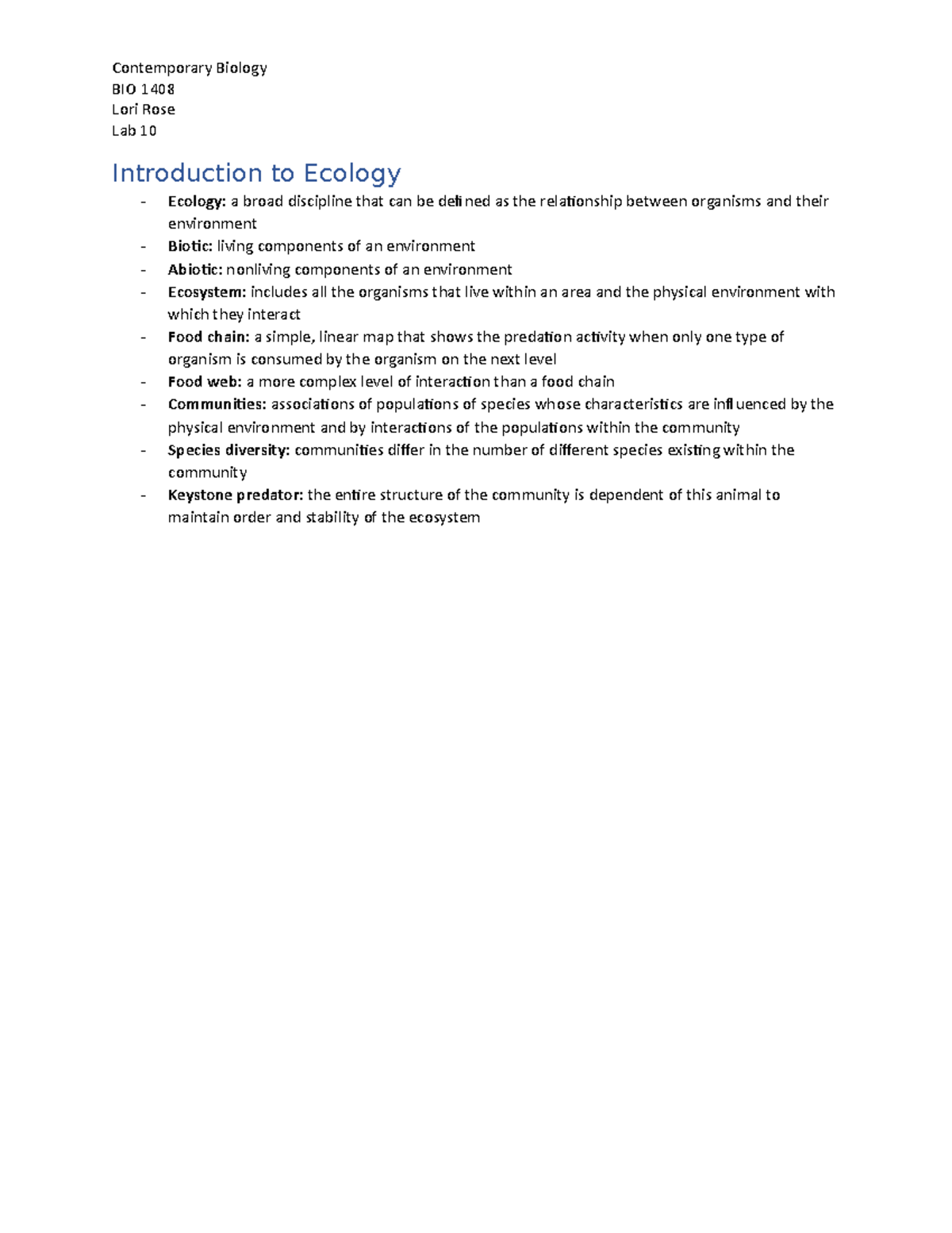 Lab 10 - Introduction to Ecology - BIO 134 - SHSU - Studocu