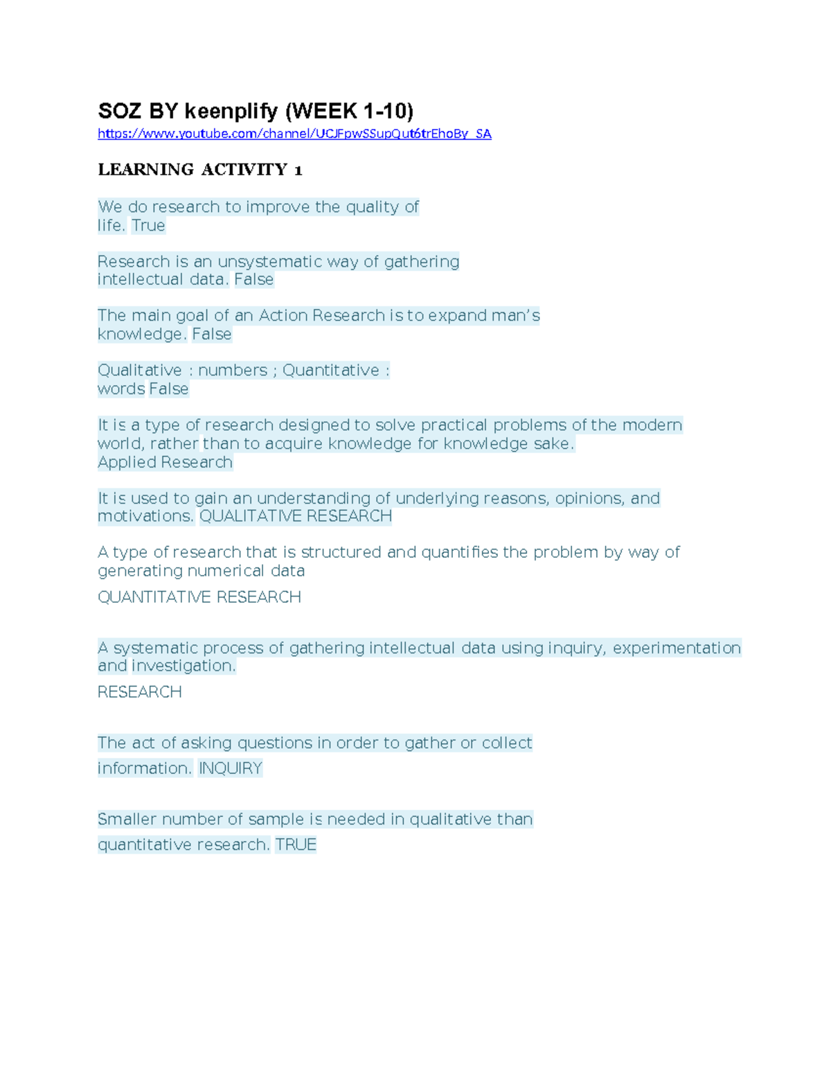 Rsch 2122 week 1 10 keenplify - SOZ BY keenplify (WEEK 1-10) - Studocu