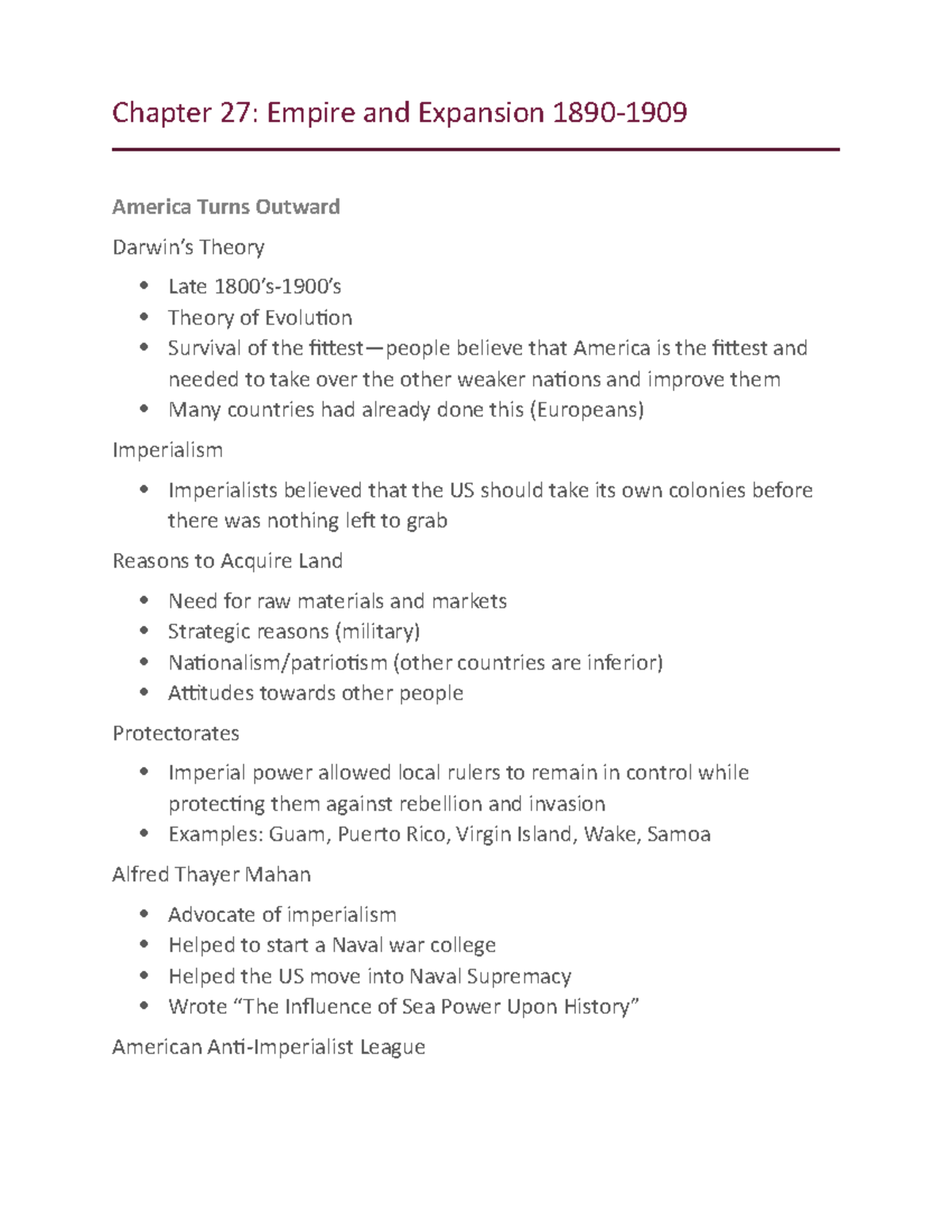DC History Chapter 27 - Lecture notes 27 - Chapter 27: Empire and ...