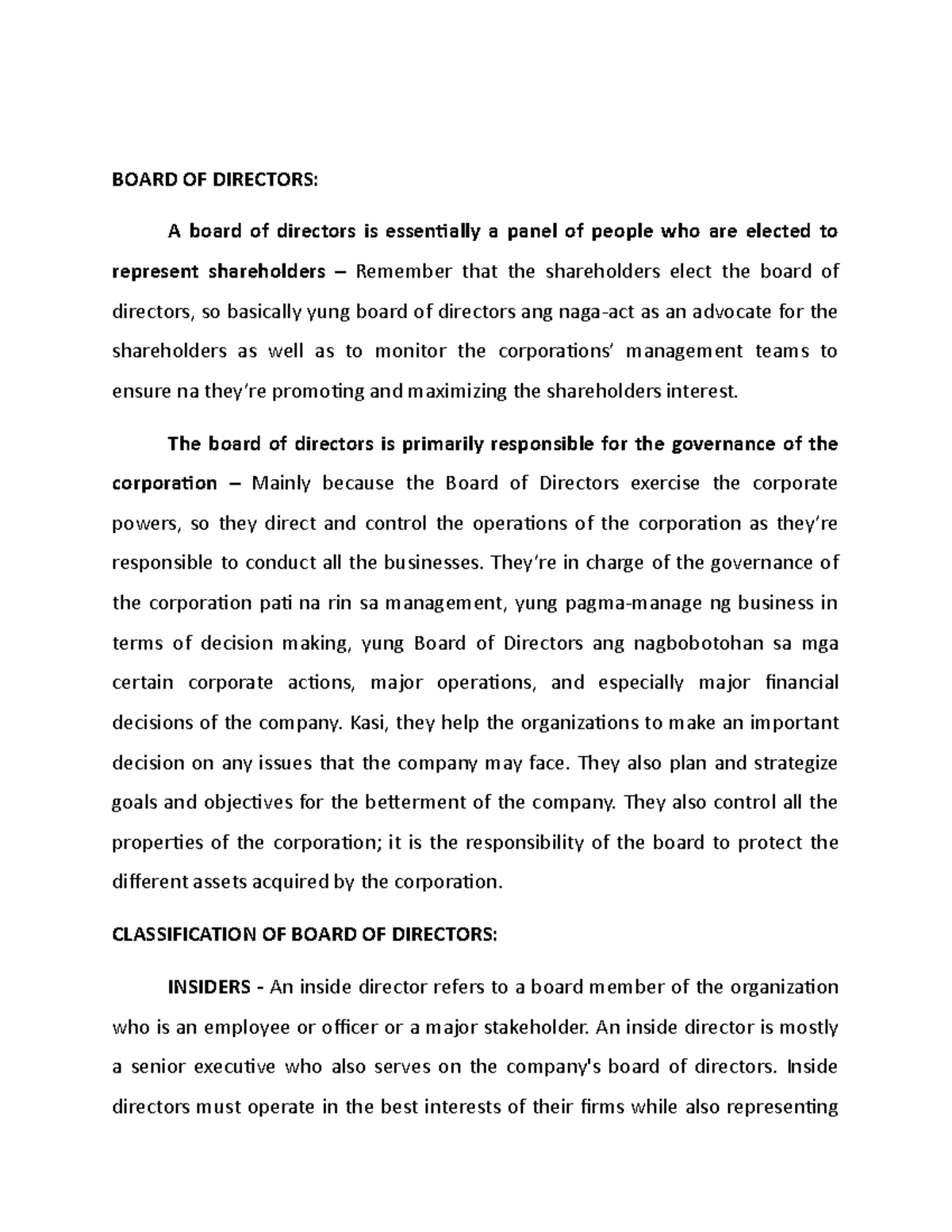 Board OF Directors - Lecture notes - BOARD OF DIRECTORS: A board of ...