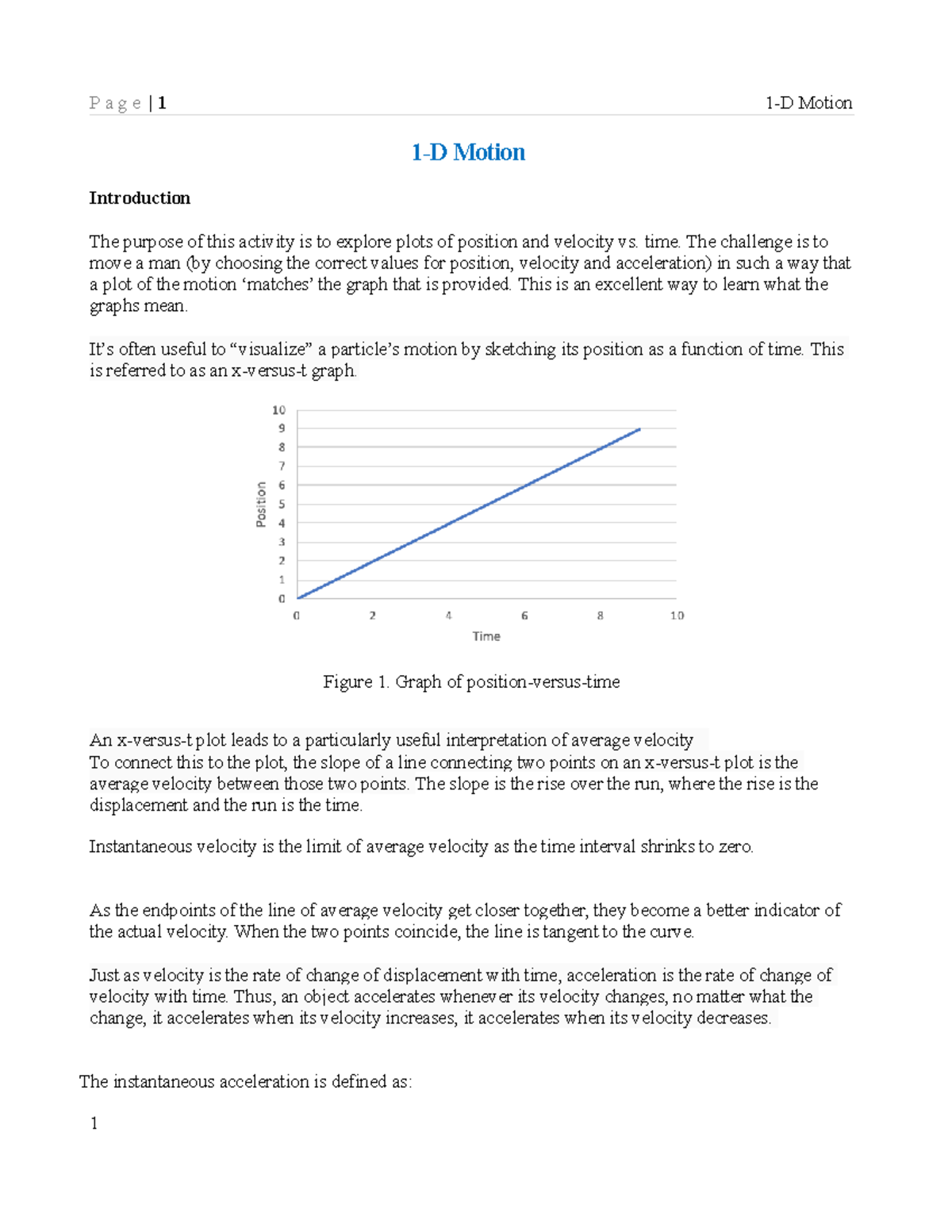 01 1D Motion LAB (Fall 2022 online version) - P a g e | 1 1-D Motion 1 ...