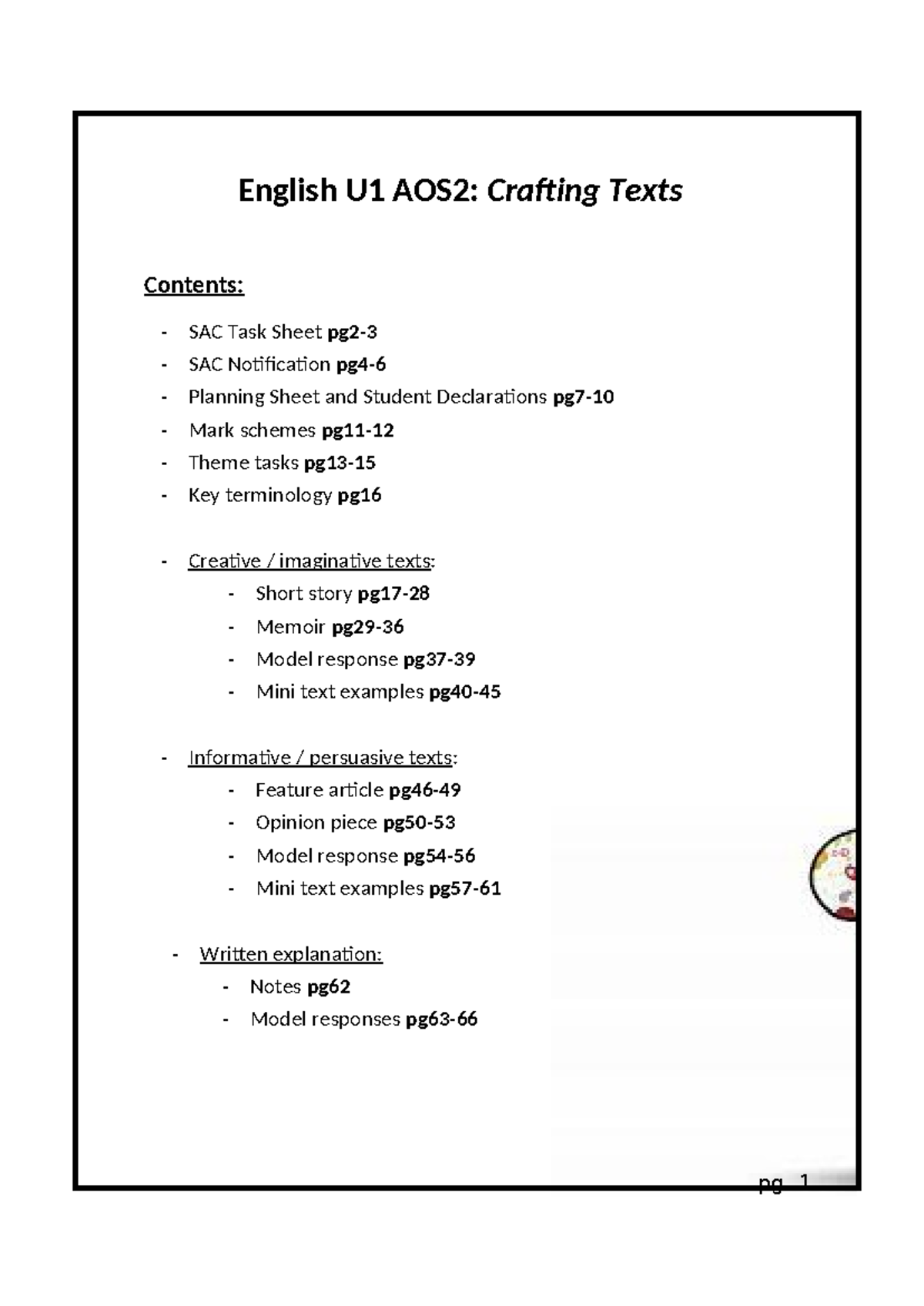 Lesson 1 - Crafting Texts Booklet 2024 - English U1 AOS2: Crafting ...