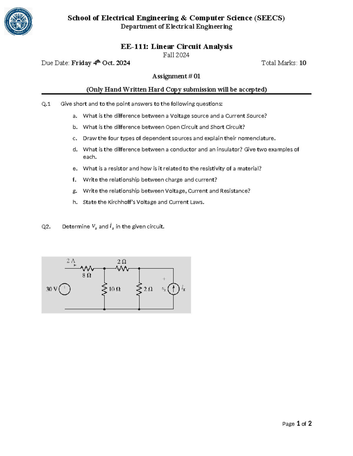 Assignment No. 1 Due Date Friday 04.10.24 - School of Electrical Engineering & Computer Science ...
