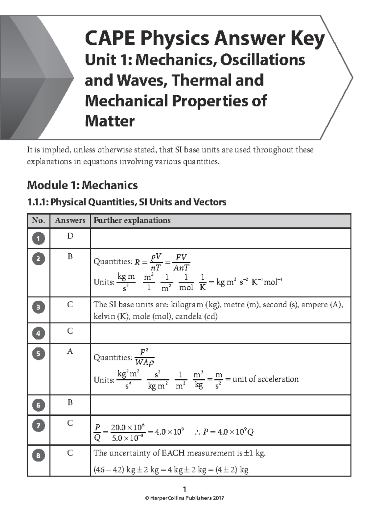 CAPE Physics MCQ Answer Key - 1 CAPE Physics Answer Key Unit 1 ...