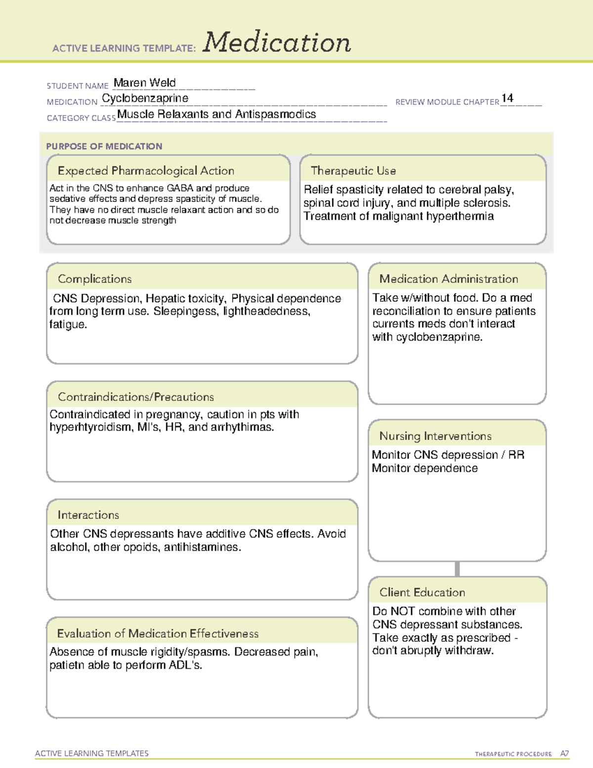 ATI - Cyclobenzaprine - ACTIVE LEARNING TEMPLATES TherapeuTic procedure ...