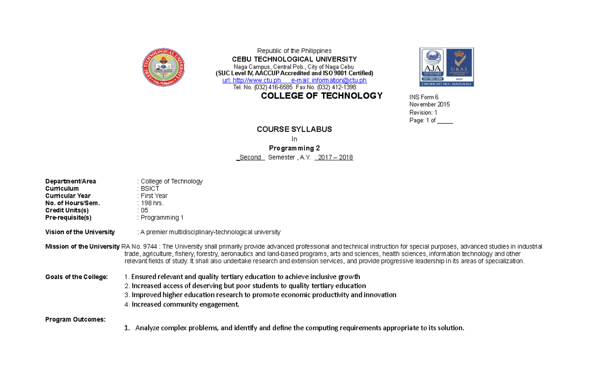 Syllabus prog 2 - there is no available description - Republic of the ...