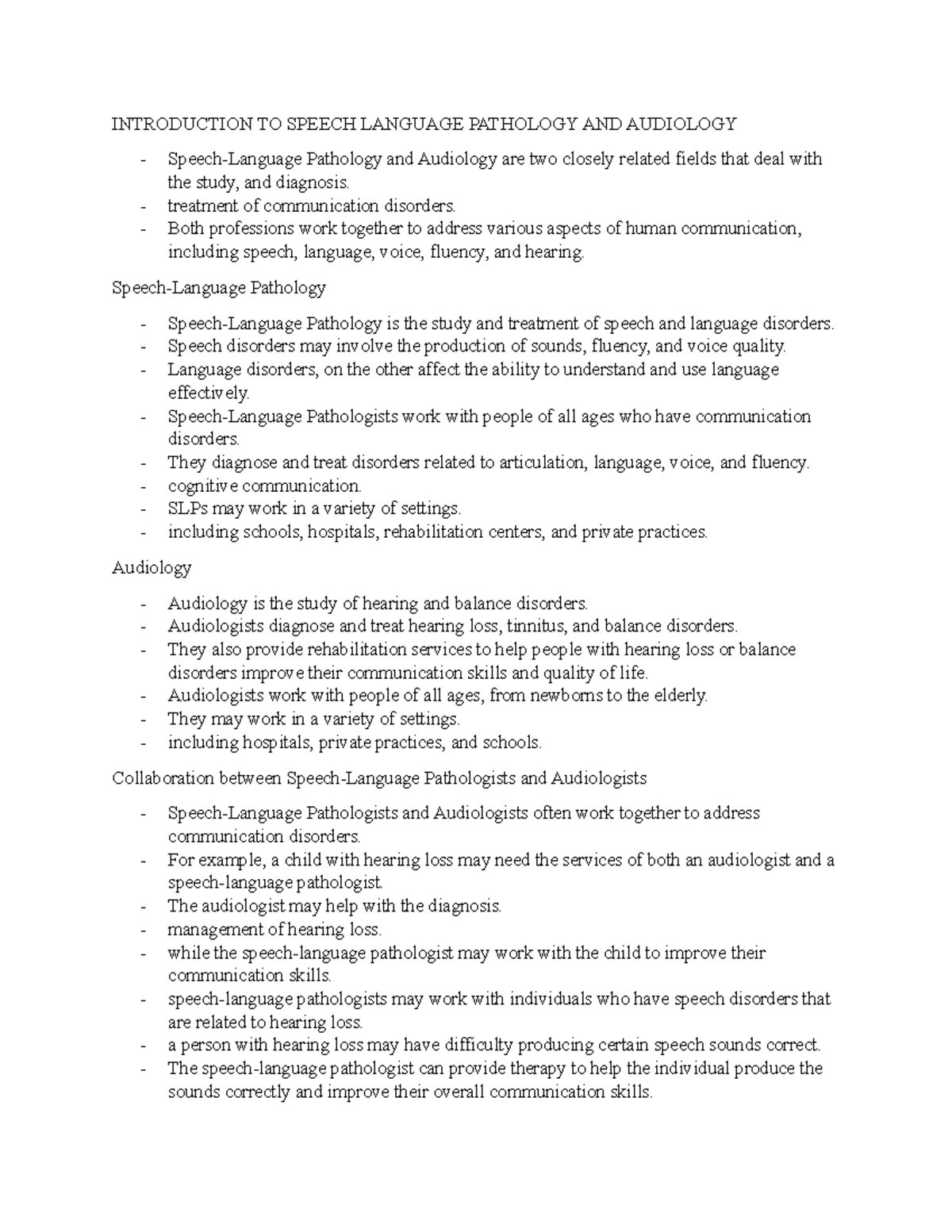 Introduction TO Speech Language Pathology AND Audiology Notes 1 ...