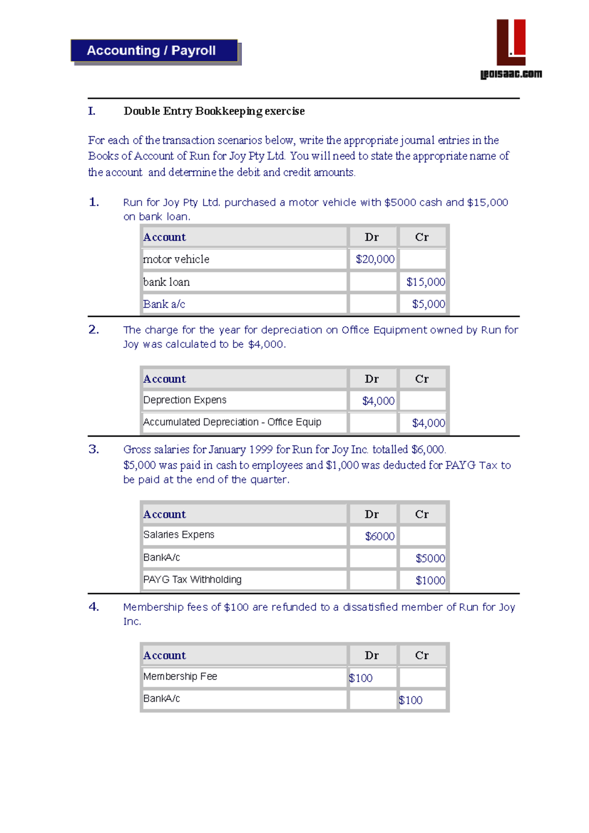 Exercise double entry week3 - I. Double Entry Bookkeeping exercise For ...