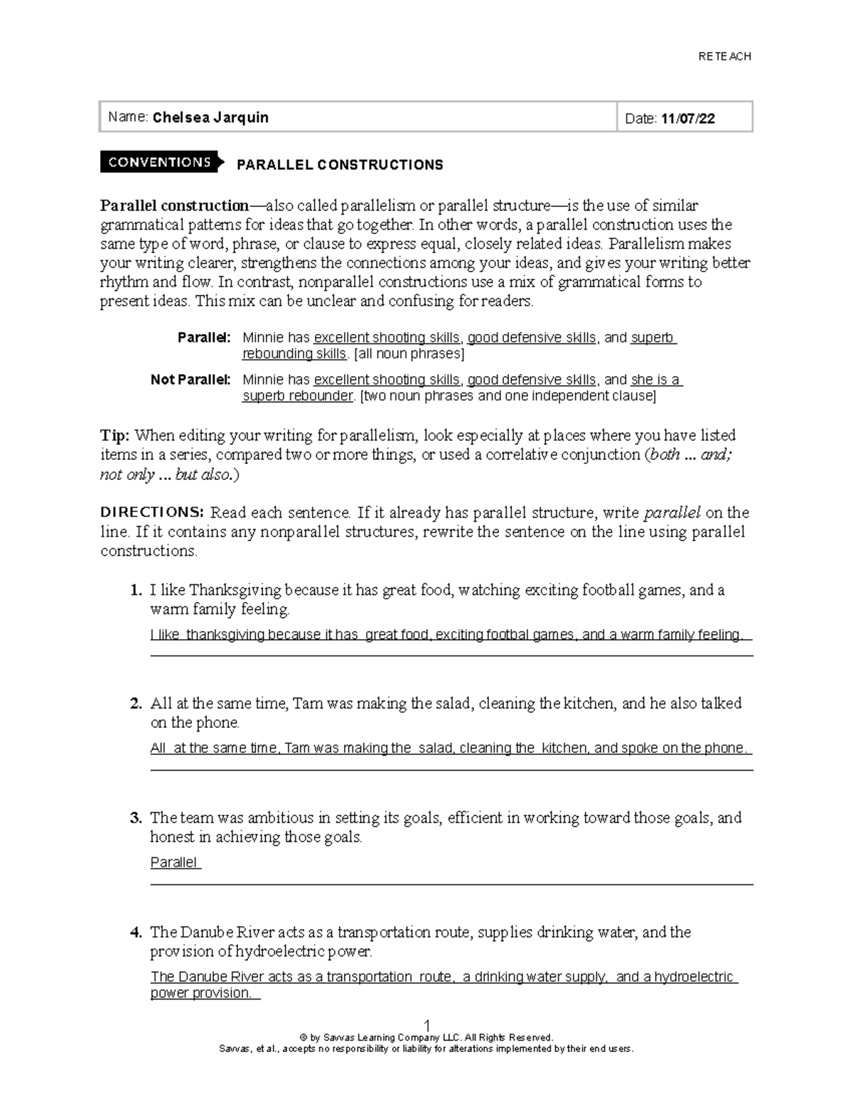 Parallel Constructions Practice DONE - RETEACH Name: Chelsea Jarquin ...