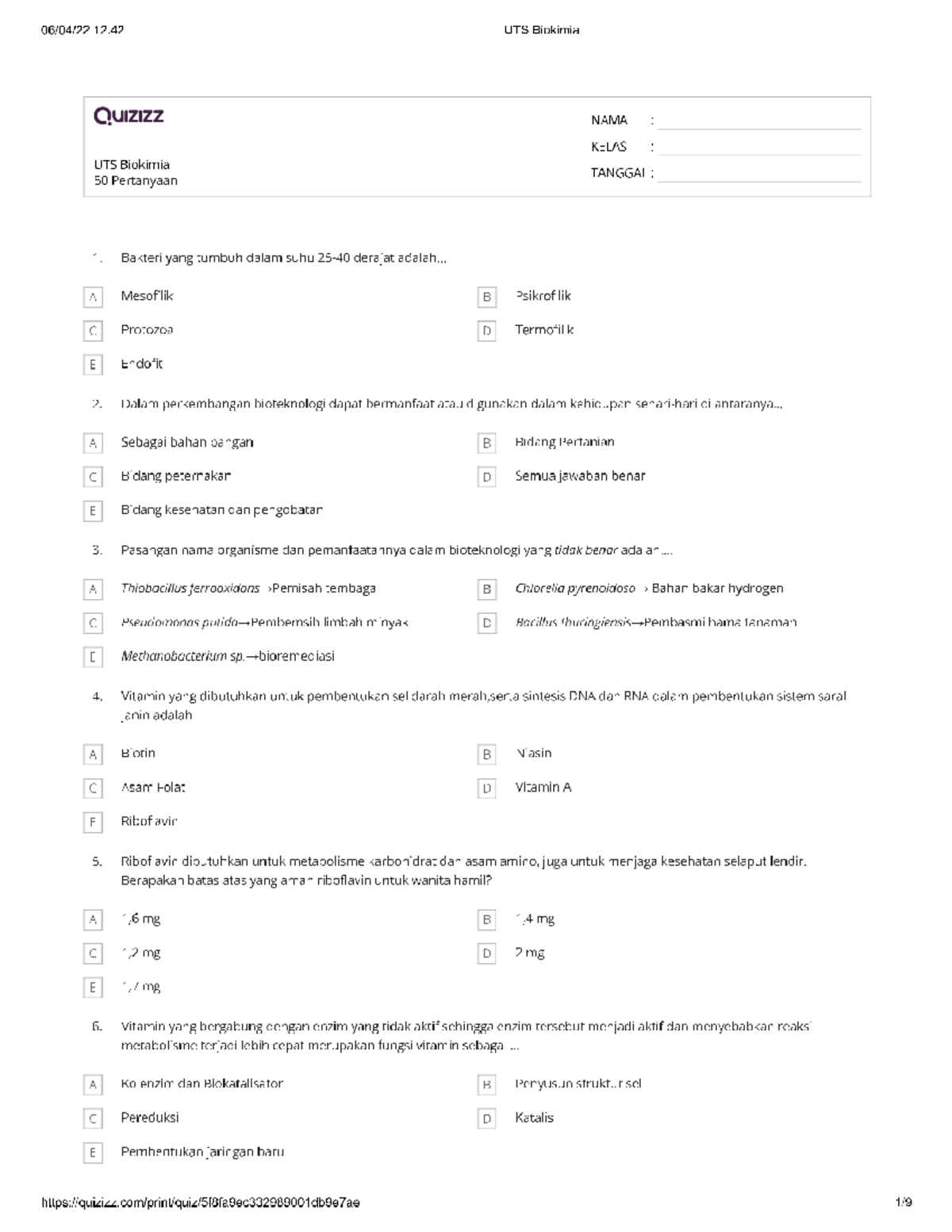 Contoh soal biokimia uts - Dasar-Dasar Biokimia - Studocu