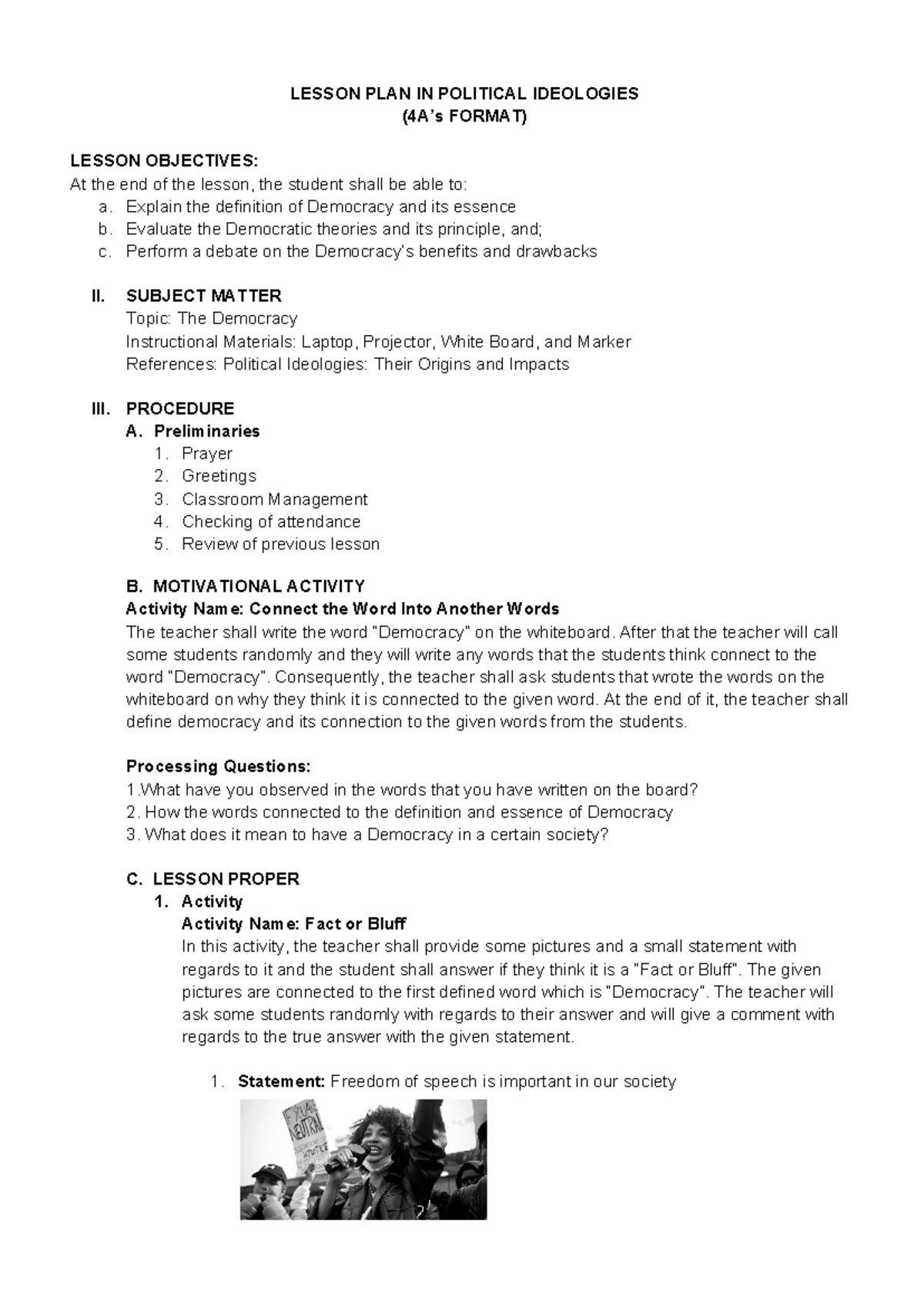 lesson plan 4a's - LESSON PLAN IN POLITICAL IDEOLOGIES (4A’s FORMAT ...