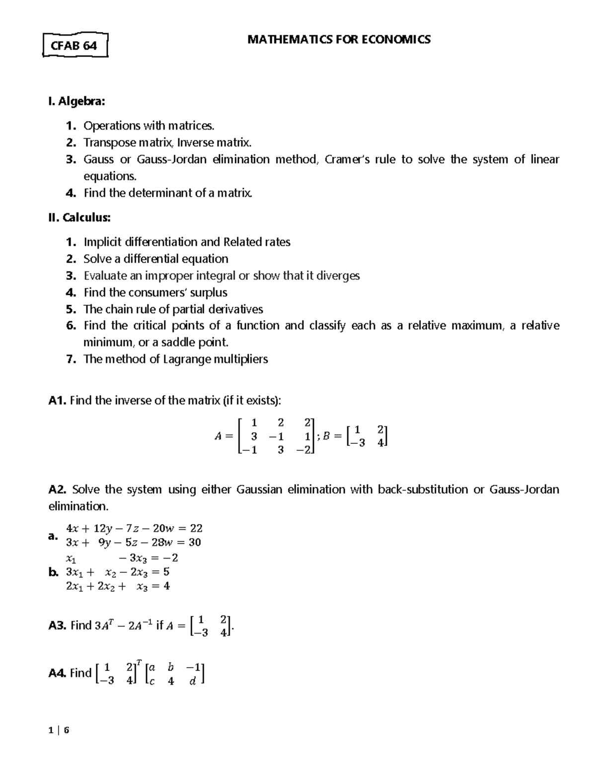 Material Final 2023 - ba chấm - MATHEMATICS FOR ECONOMICS I. Algebra ...
