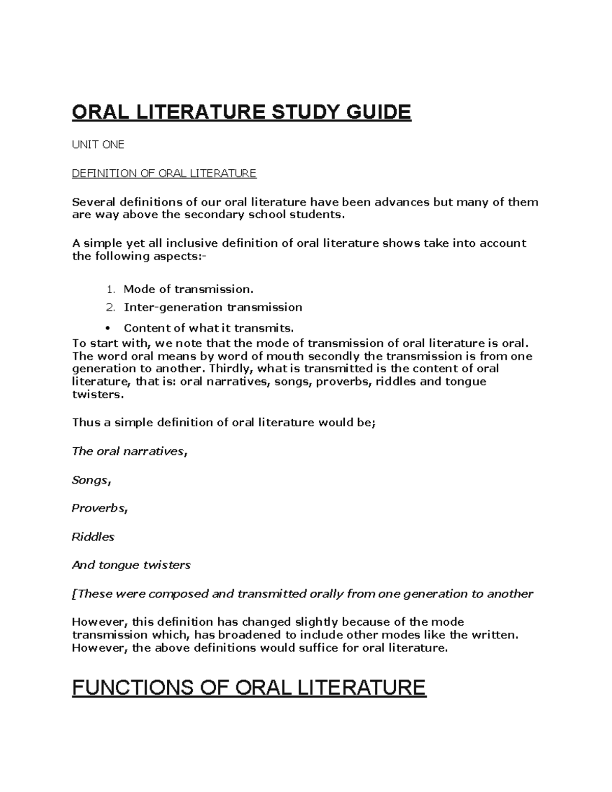 ORAL Literature Study Guide - ORAL LITERATURE STUDY GUIDE UNIT ONE ...