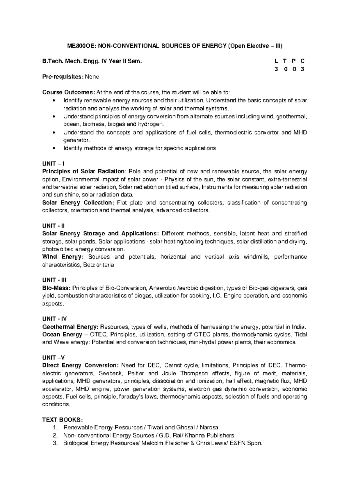 NCSE syallubus - ME800OE: NON-CONVENTIONAL SOURCES OF ENERGY (Open ...