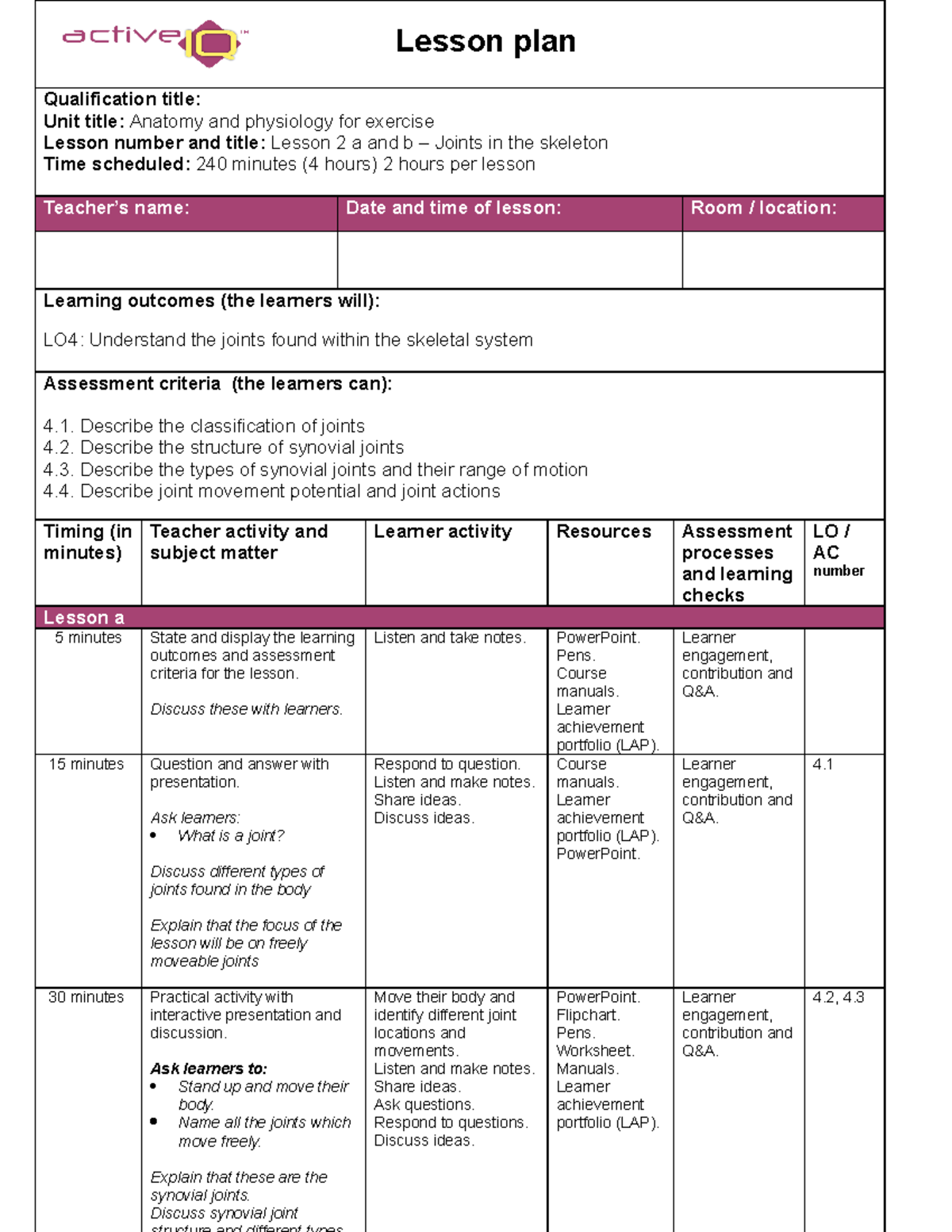 Lesson 2 Joints in the skeleton - Lesson plan Qualification title: Unit ...