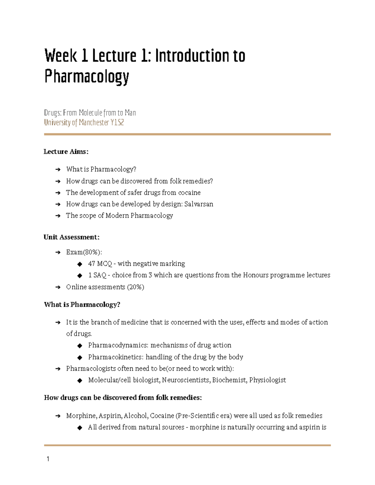Drugs Lecture 1 - Full notes - Week 1 Lecture 1: Introduction to ...