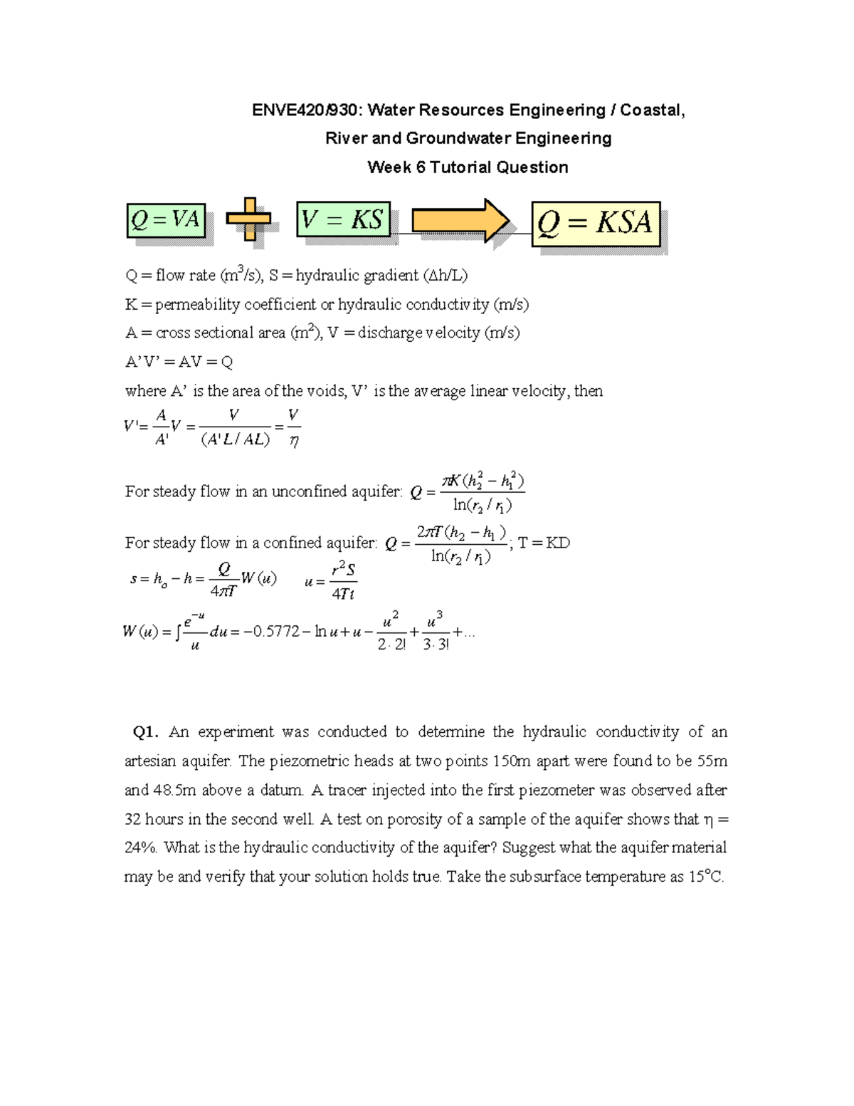 Week 6 Tutorial Question - ENVE420/930: Water Resources Engineering ...