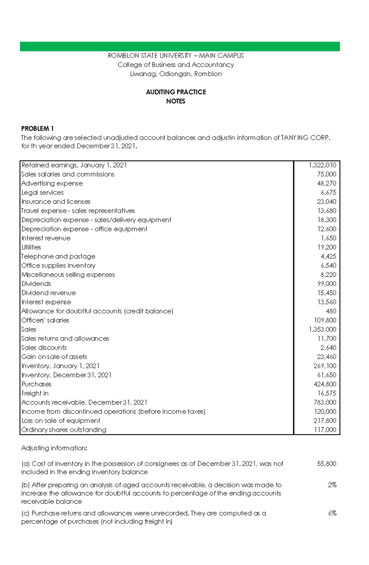 Auditing Practice - Notes - PROBLEM 1 Retained earnings, January 1 ...