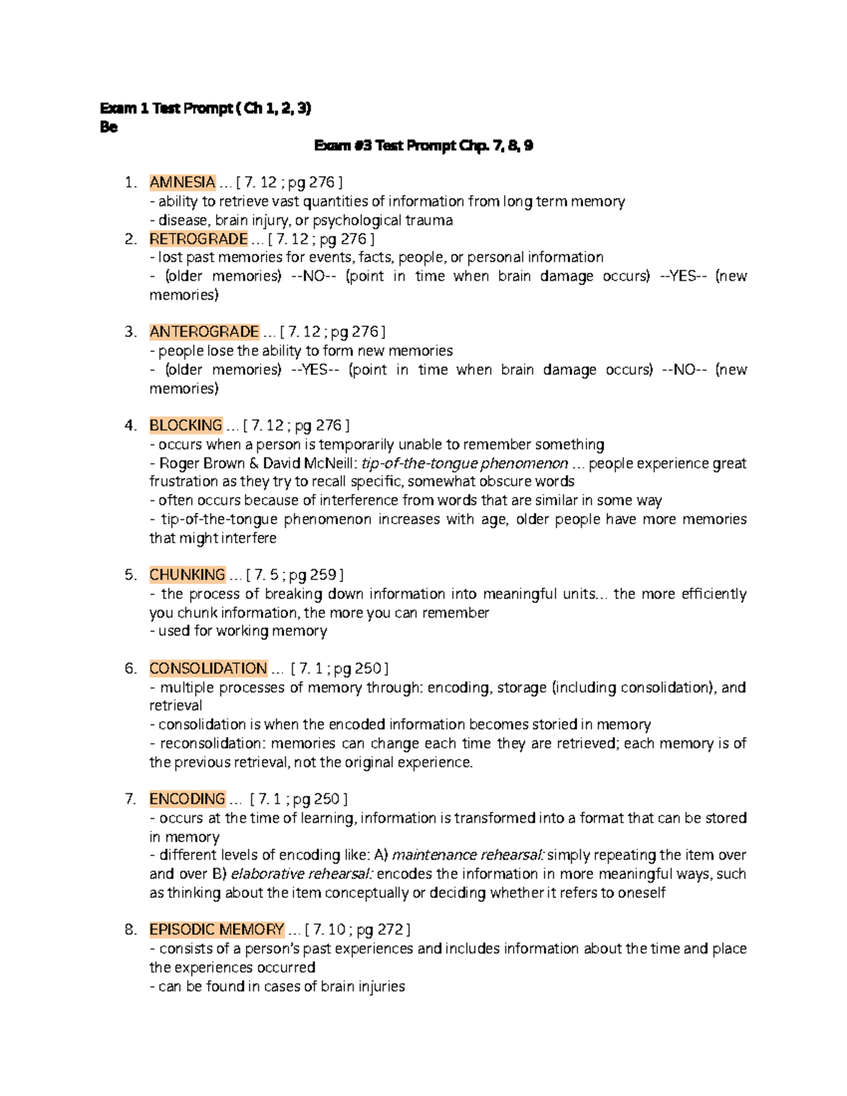 Psych Final Exam Study Guide - Exam 1 Test Prompt ( Ch 1, 2, 3) Be Exam ...