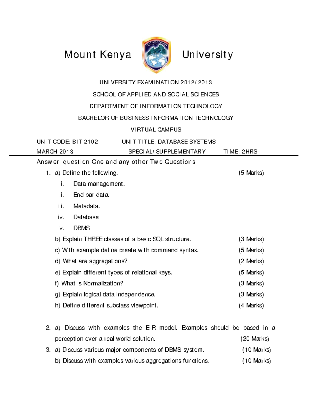 Exam March 2013, questions - UNI VERSI TY EXAMI NATI ON 201 2 / 20 13 ...