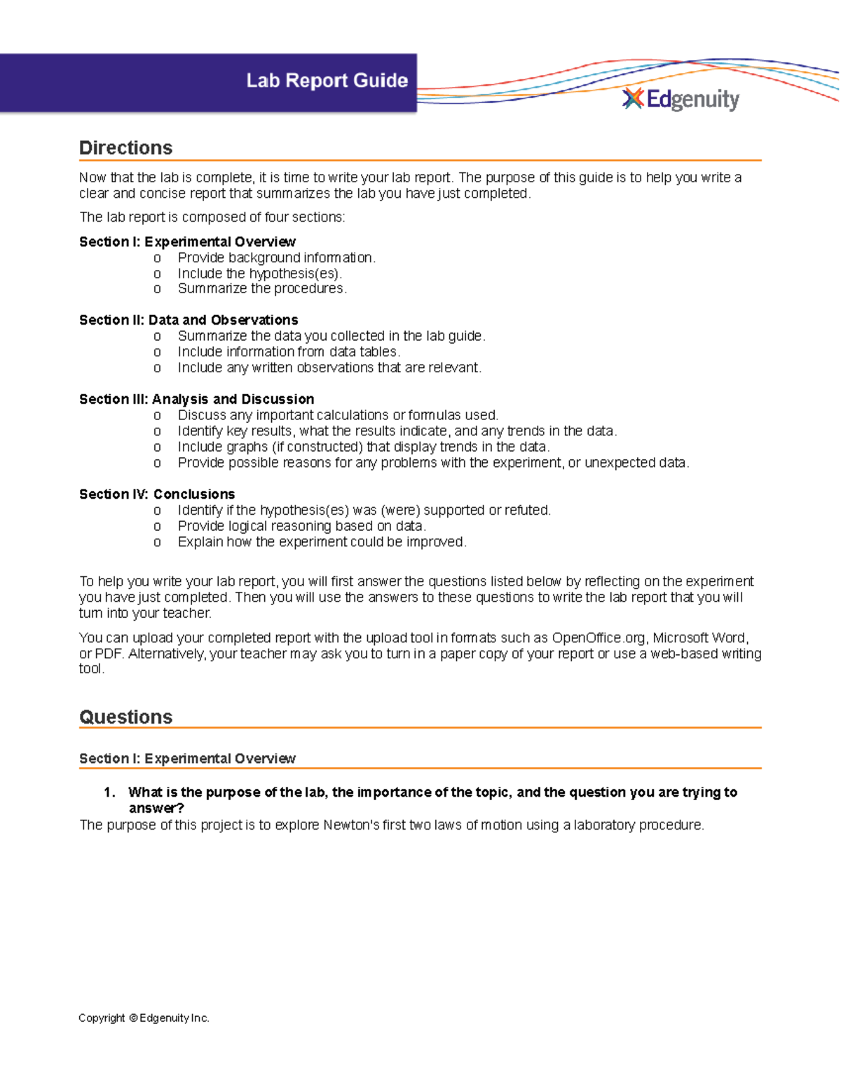 Lab Report Guide - Directions Now that the lab is complete, it is time to write your lab report ...