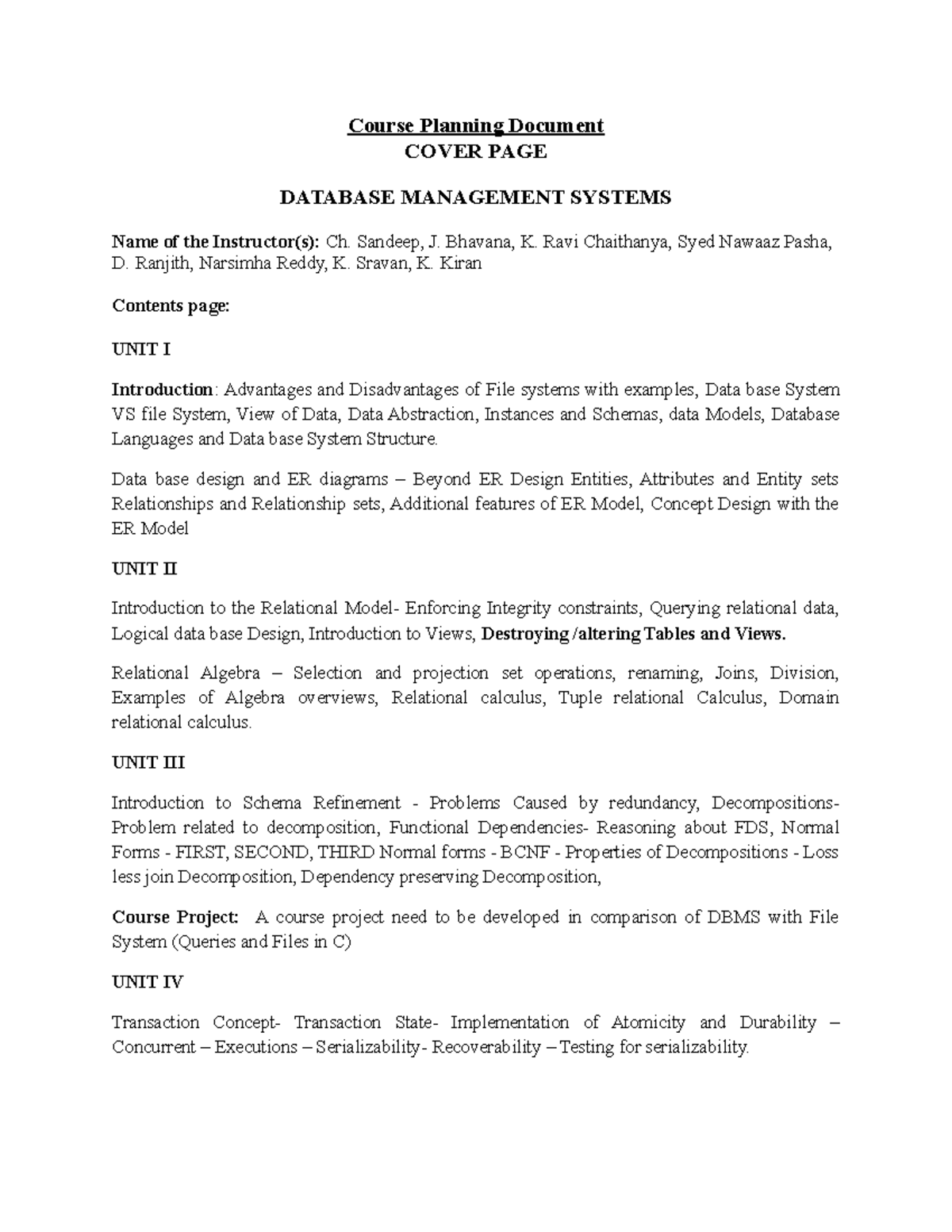 DBMS Course Material 15 12 2022 - Course Planning Document COVER PAGE ...