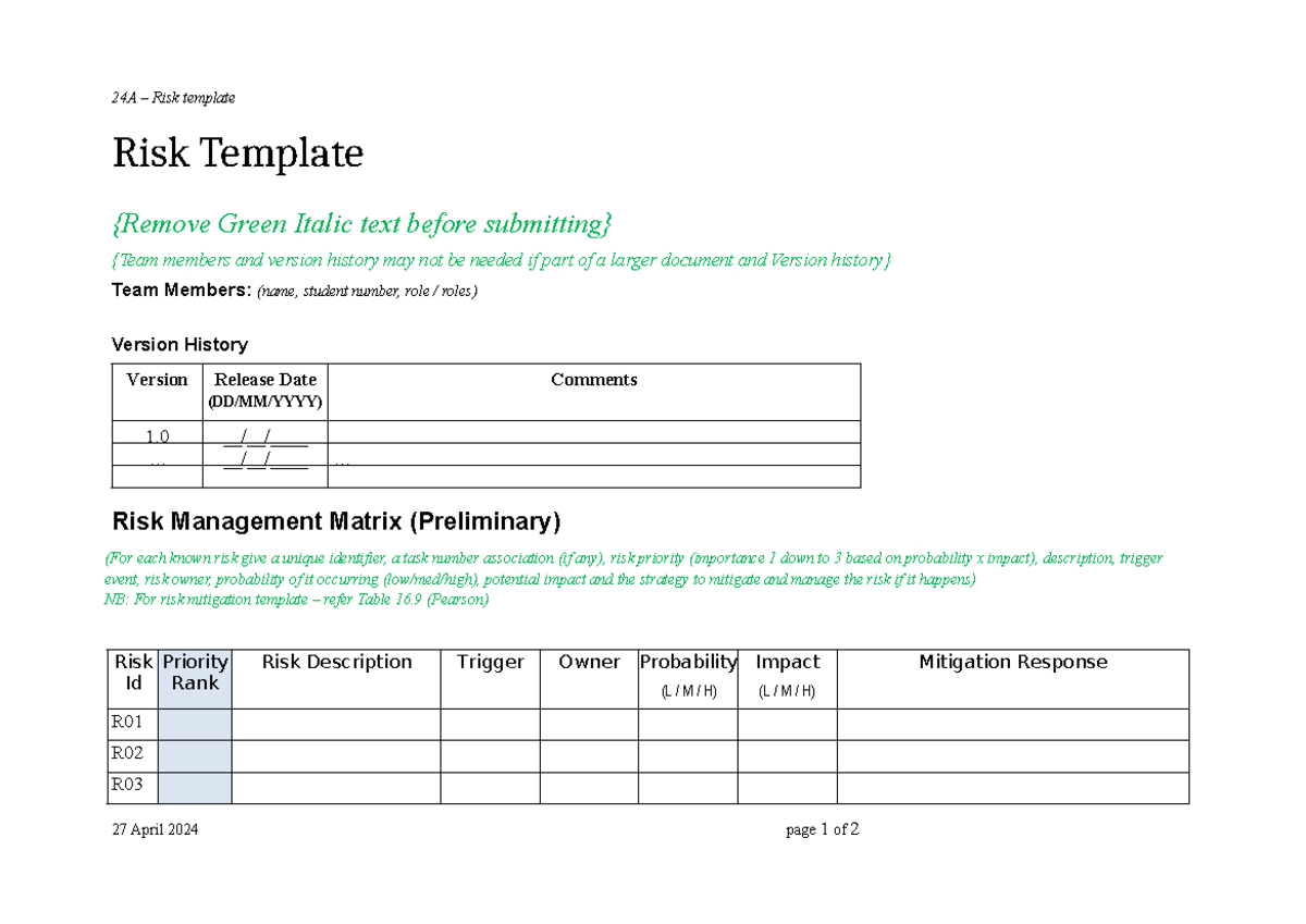 24A Risk template v0 - sdcdscs - 24A – Risk template Risk Template ...