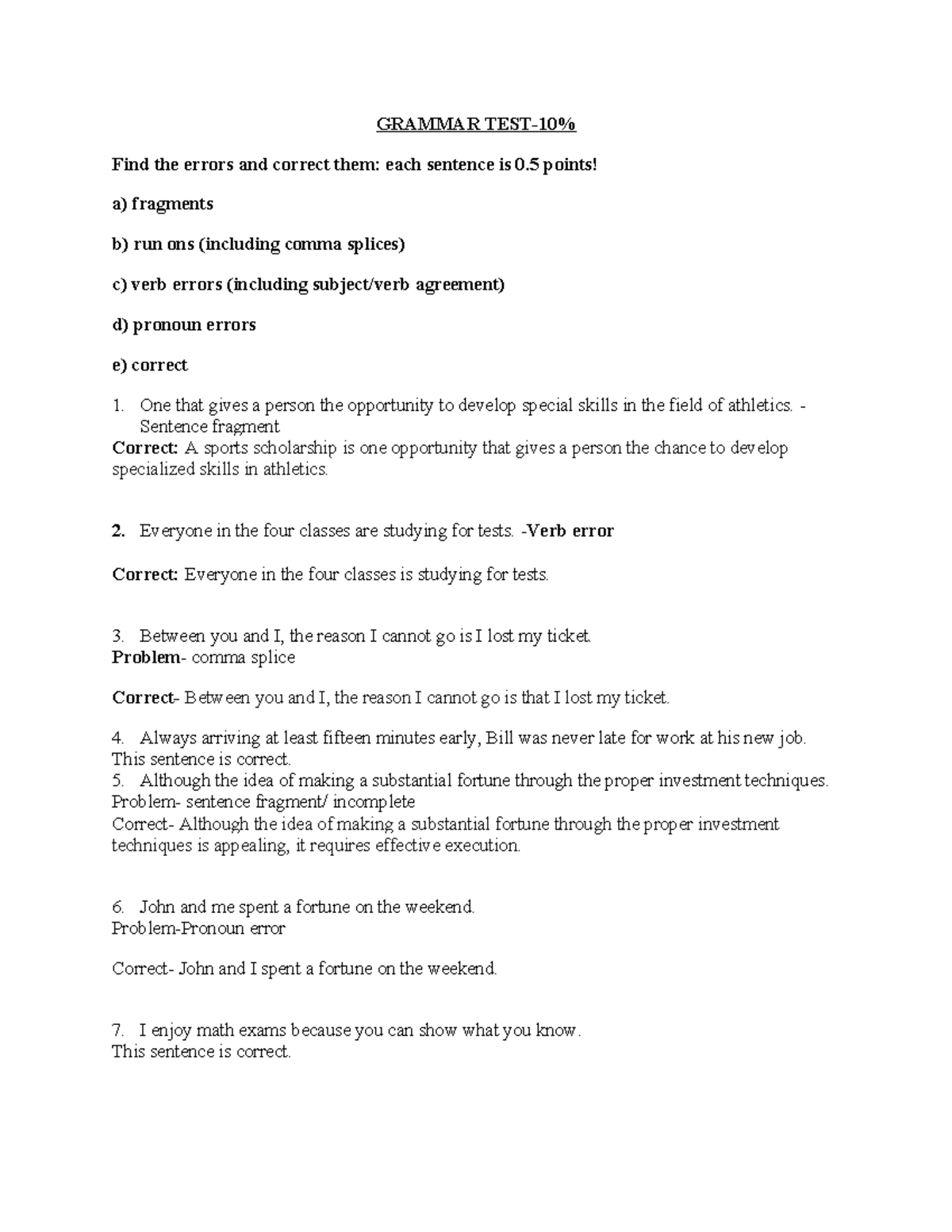 Grammar Test Revised - GRAMMAR TEST-10% Find the errors and correct ...